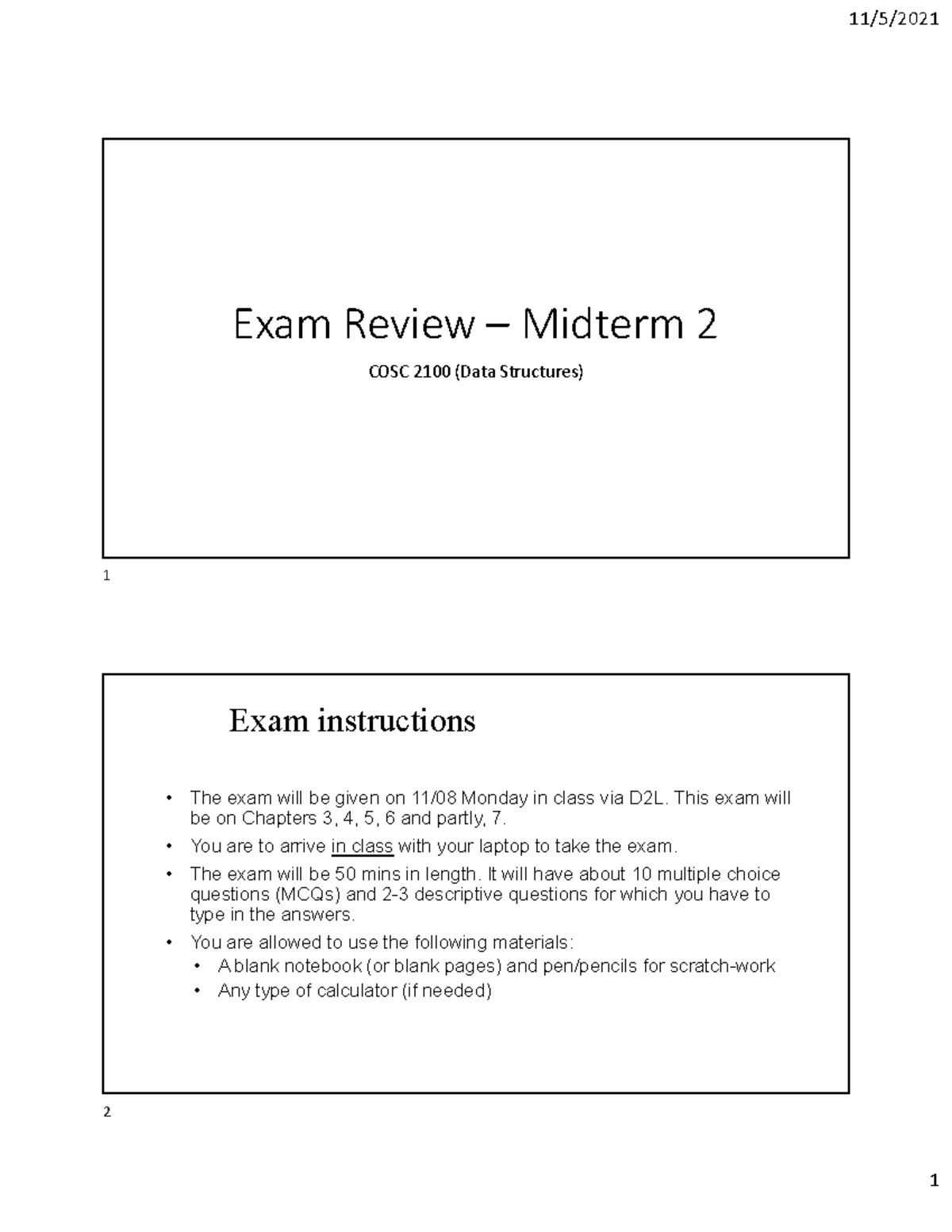 Midterm 2 Review Exam Review Midterm 2 Cosc 2100 Data Structures Exam Instructions The