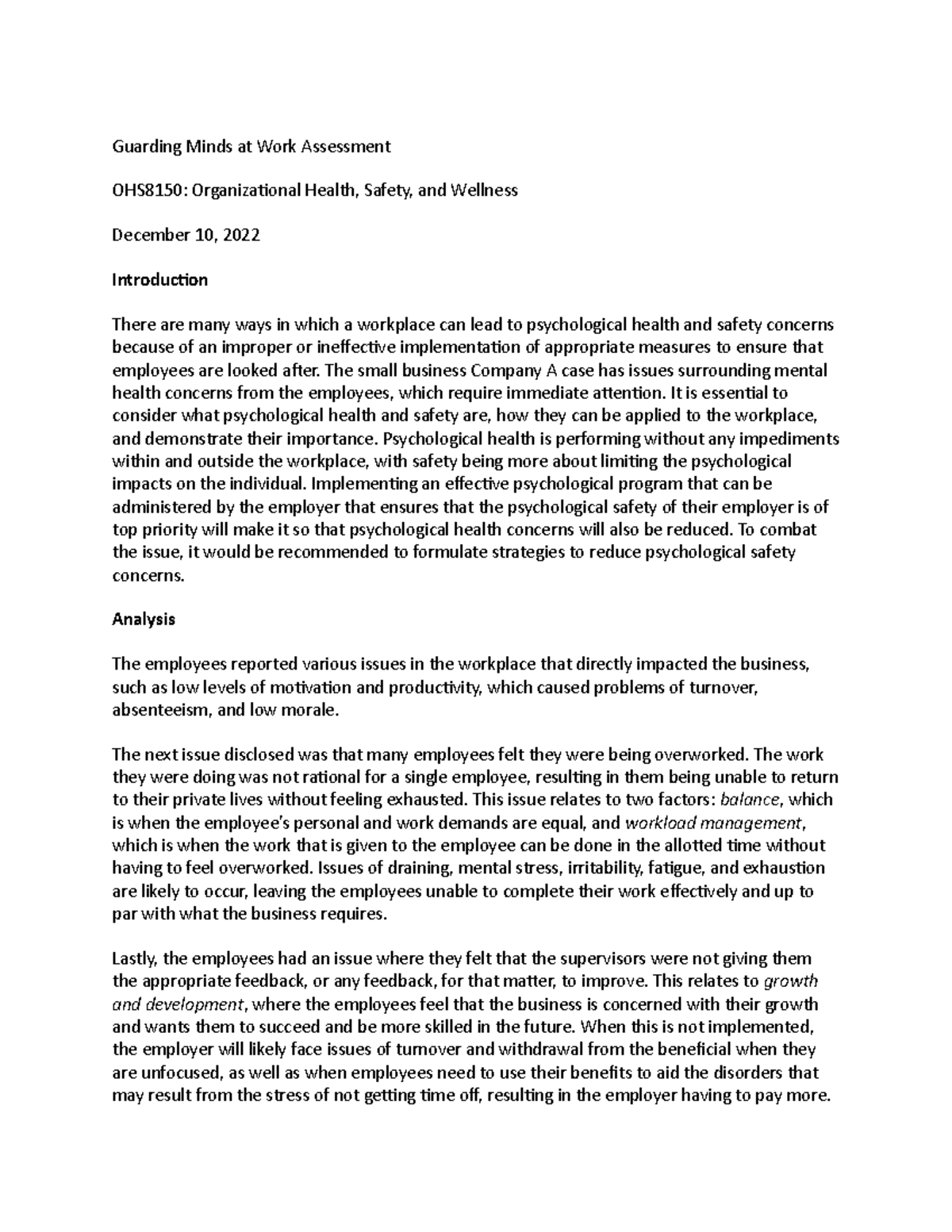 Guarding minds at work - final paper - Guarding Minds at Work Assessment OHS8150: Organizational ...