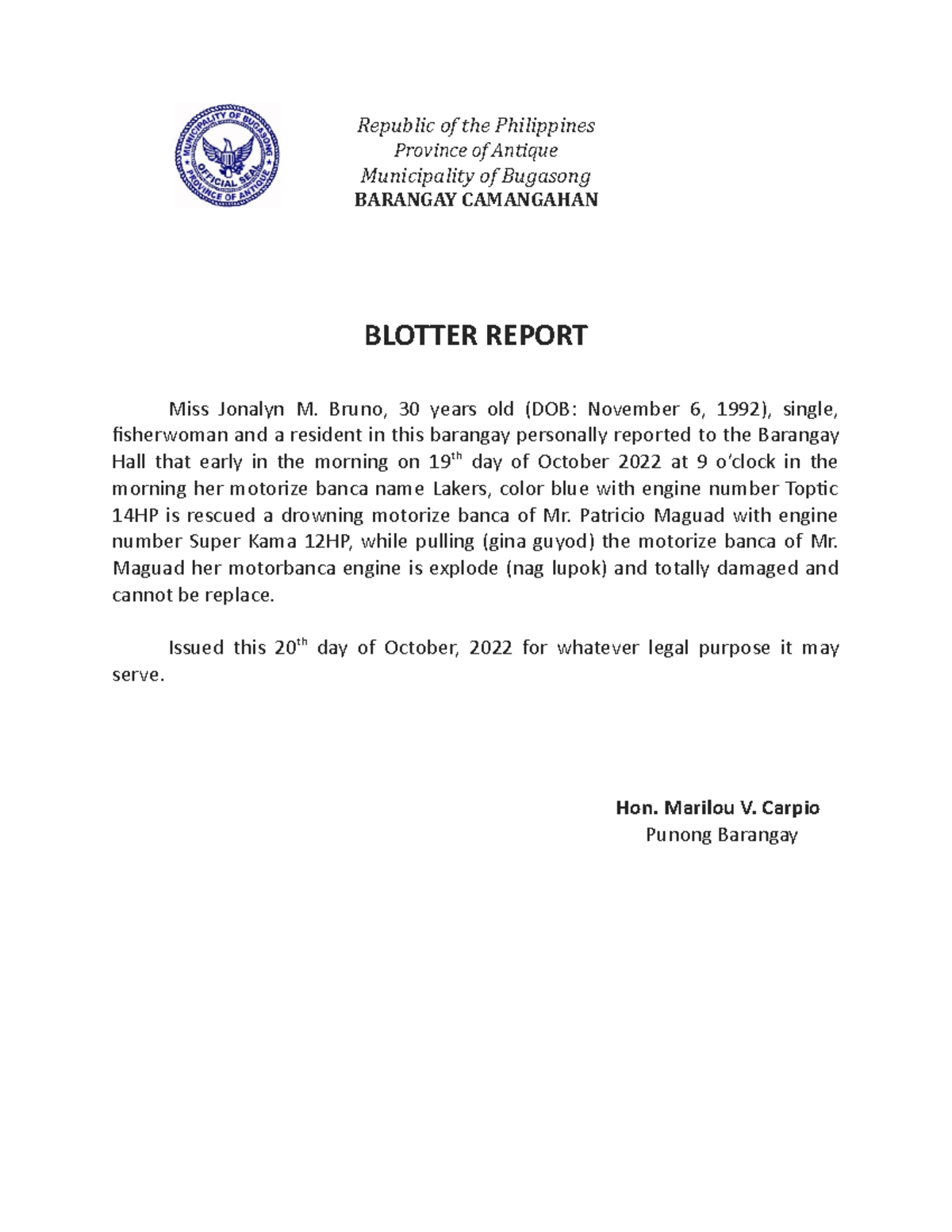 Blotter Report - STUDENT - Republic of the Philippines Province of ...