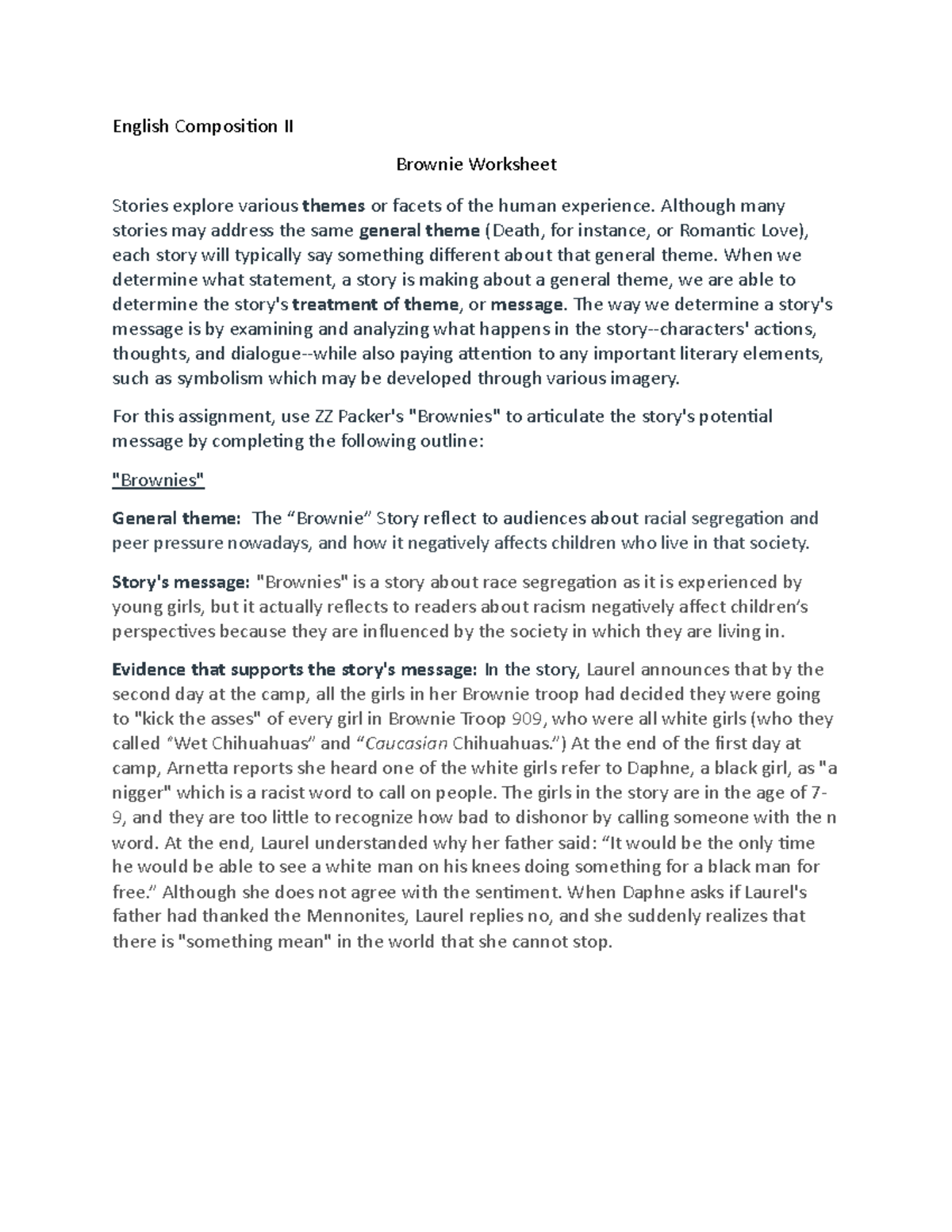Brownie - essay - English Composition II Brownie Worksheet Stories ...