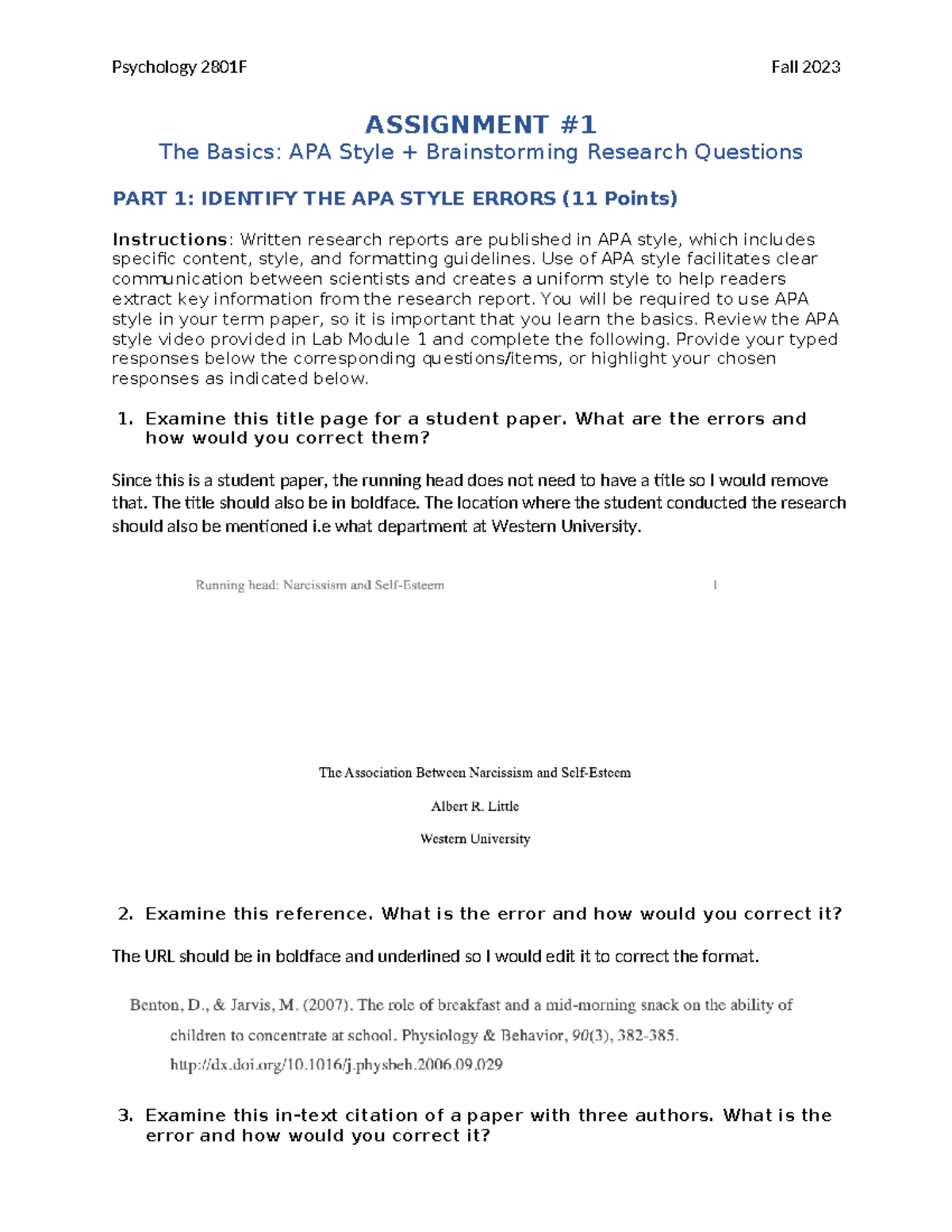 Lab1-4 - eww;fjweojfliwj4fiw - ASSIGNMENT The Basics: APA Style + Brainstorming Research ...