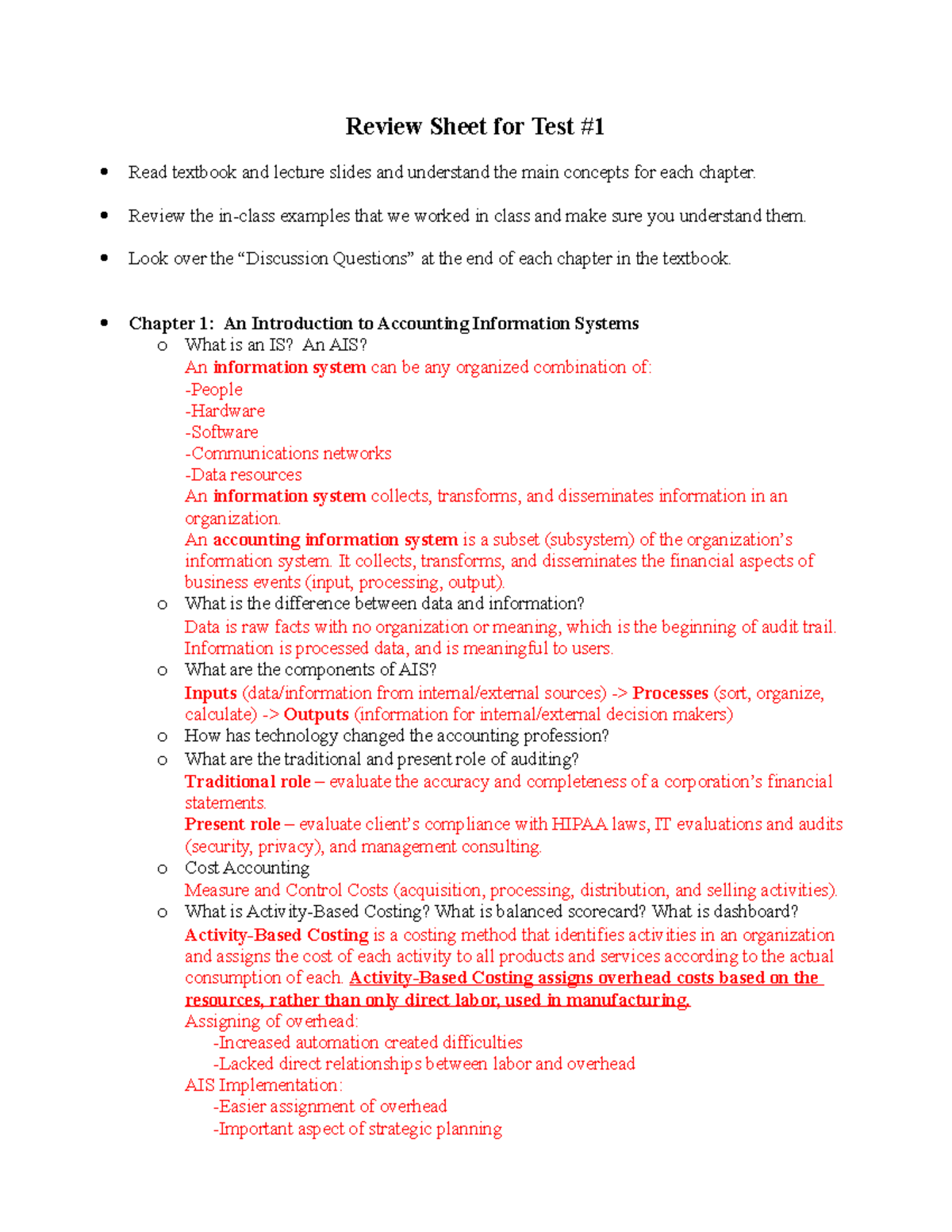 ACCT 307 Test 1 Study Guide - Review Sheet for Test Read textbook and ...