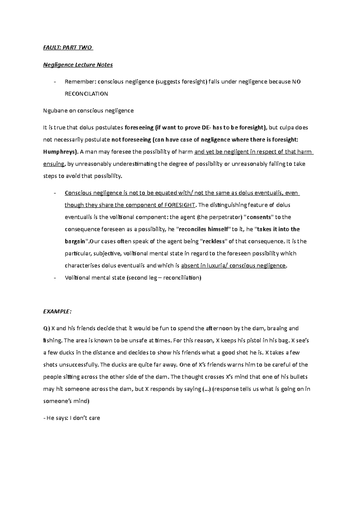 Negligence Notes - FAULT: PART TWO Negligence Lecture Notes Remember ...