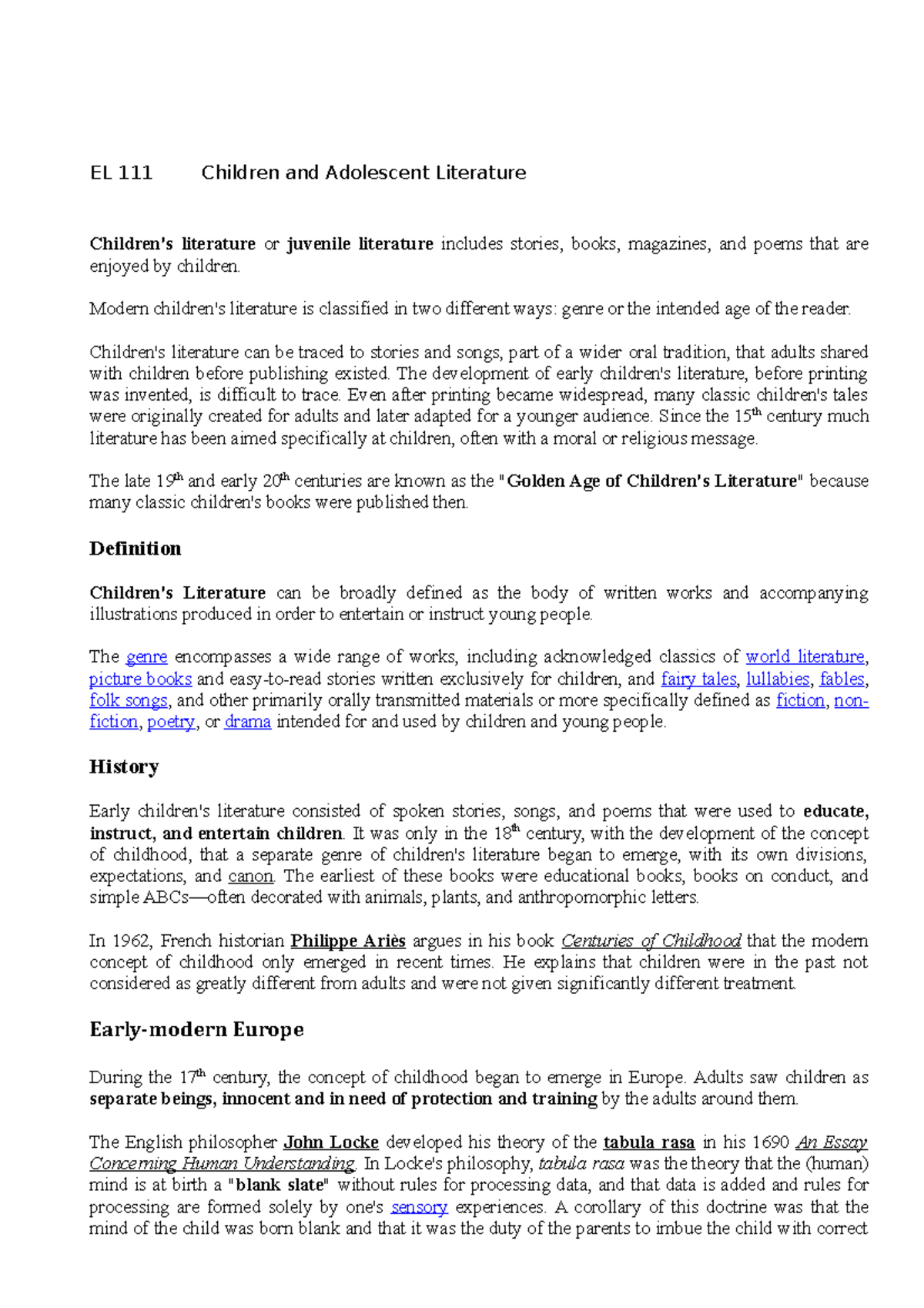 Childrens lit lecture notes - Literature - PangSU - Studocu
