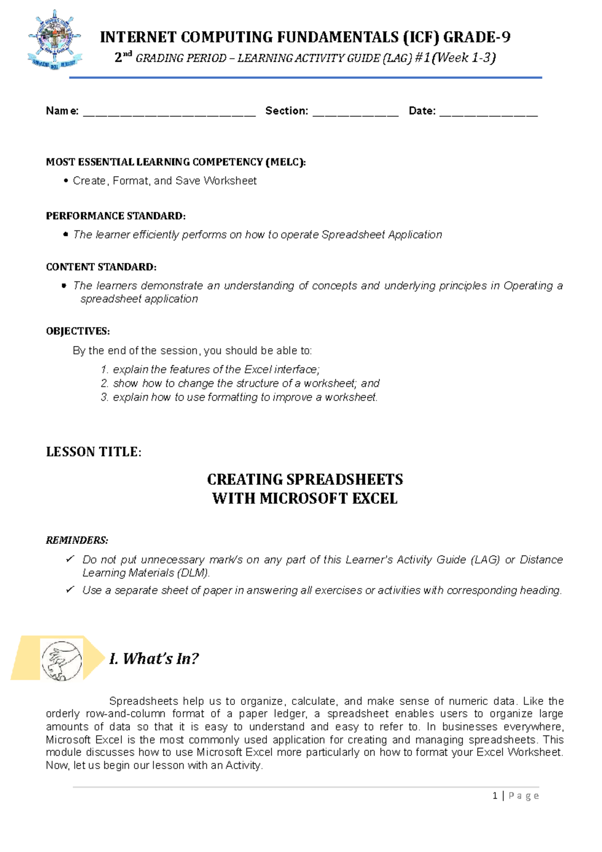 2nd GP - ICF 9 - LAG#1(Week 1-3) - MELC 1 - Creating Spreadsheets WITH ...