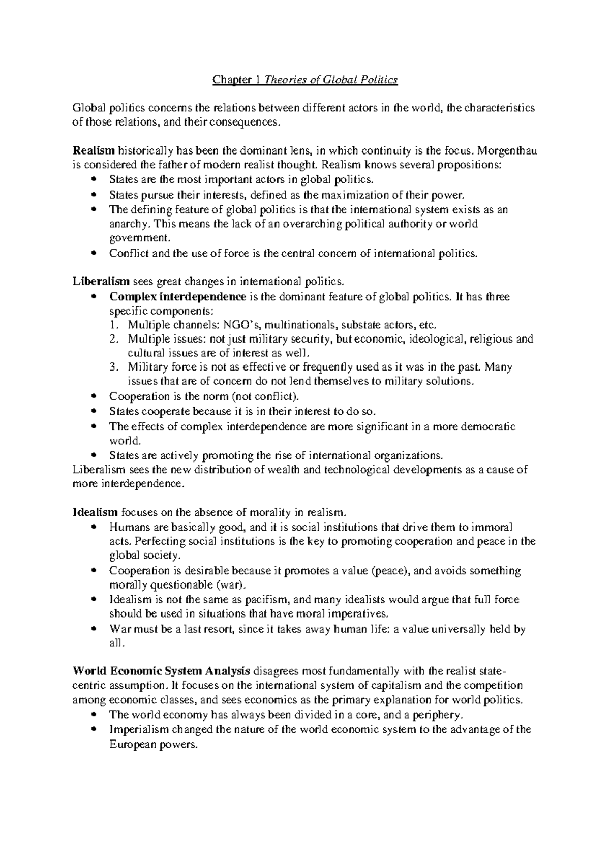 Summary Global Politics, - H1-14 - Chapter 1 Theories of Global ...