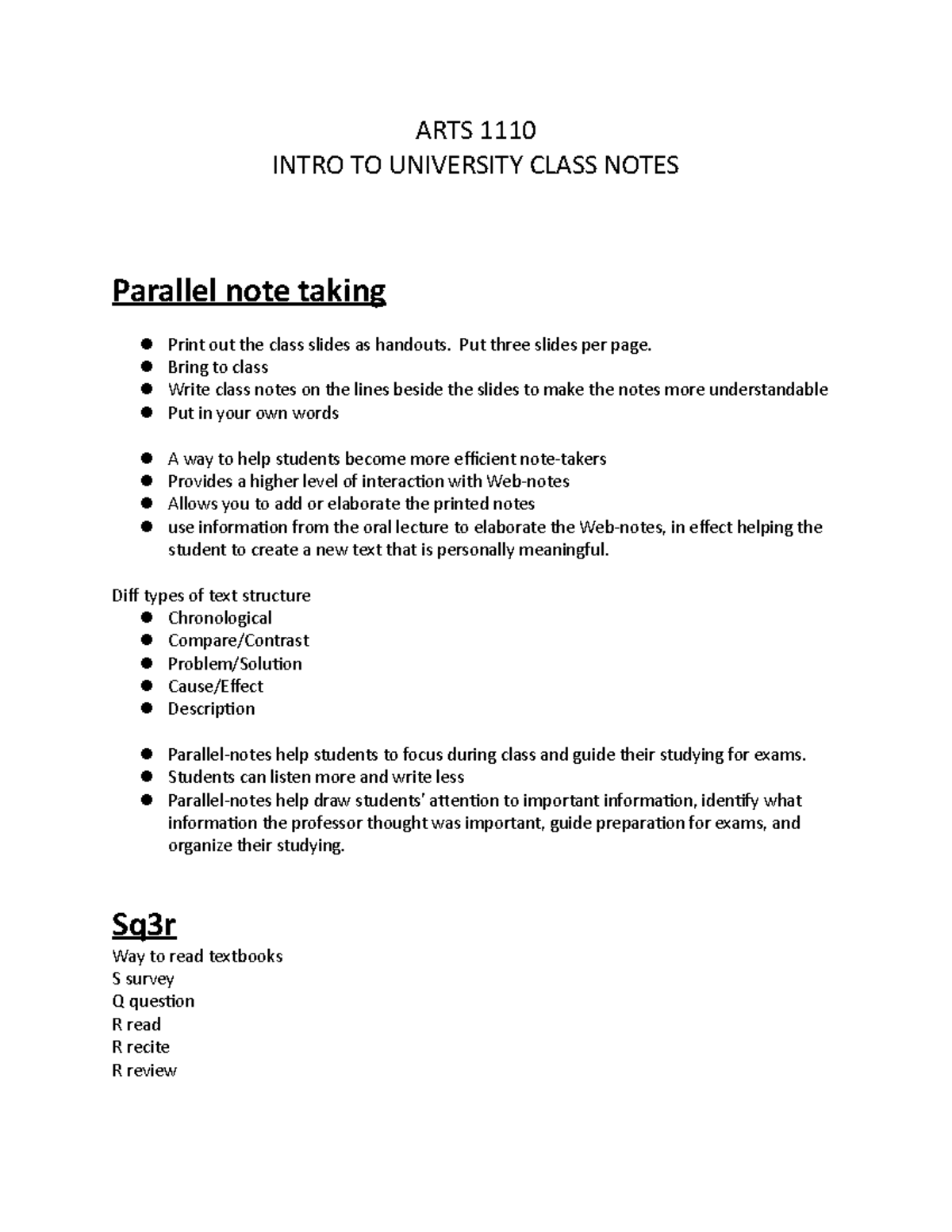 Lecture notes, lectures 1-10 - ARTS 1110 INTRO TO UNIVERSITY CLASS ...