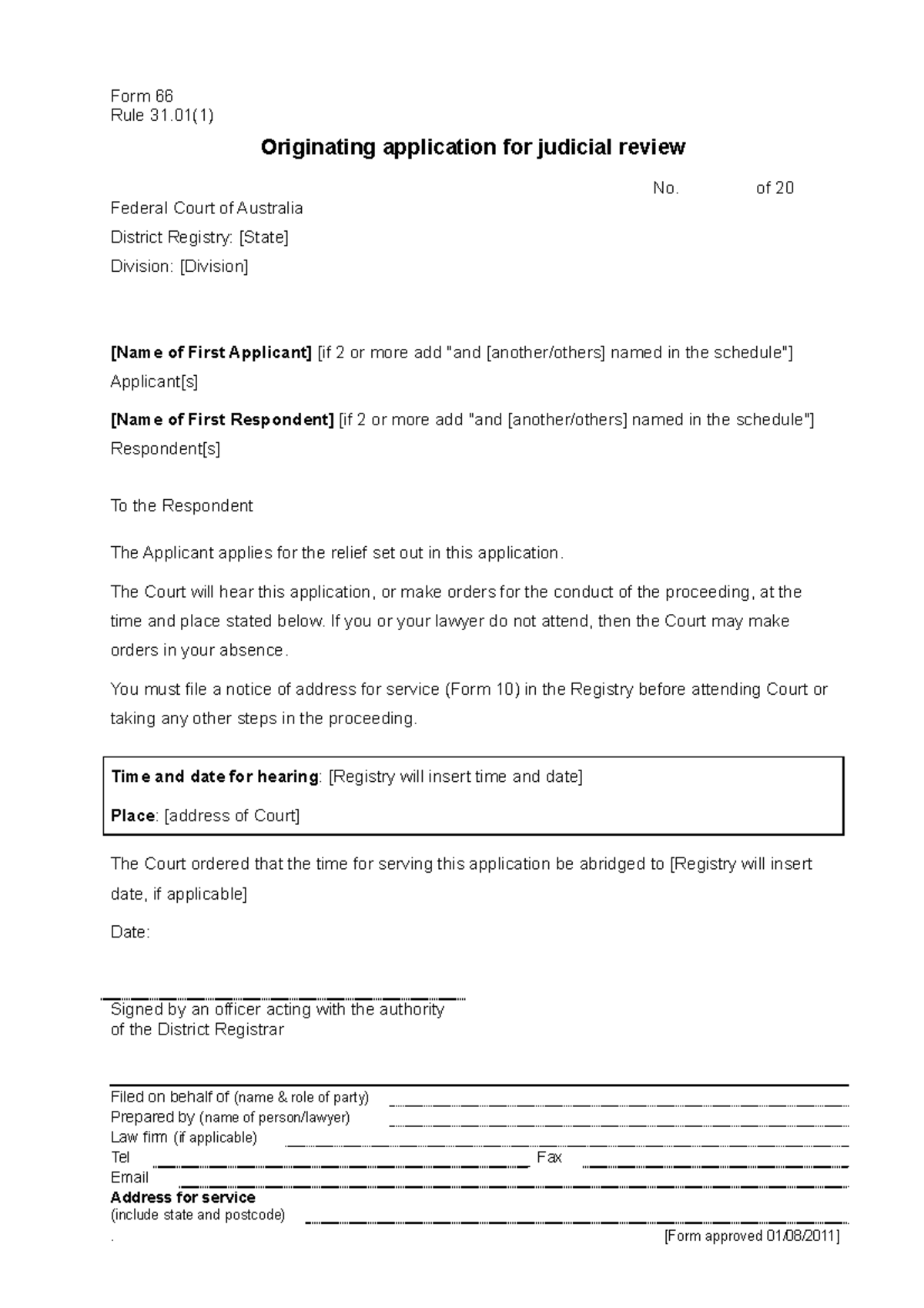 Judicial Review Application Example 1 - Form 66 Rule 31(1) Originating ...