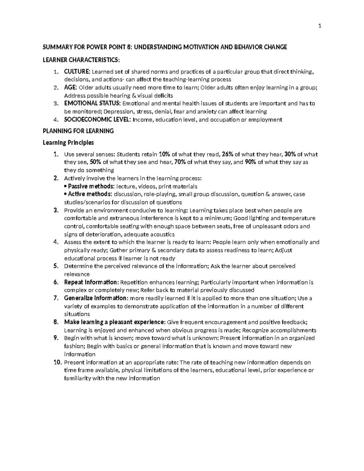 Summary-FOR- Power- Points-8-9 - SUMMARY FOR POWER POINT 8: UNDERSTANDING MOTIVATION AND ...