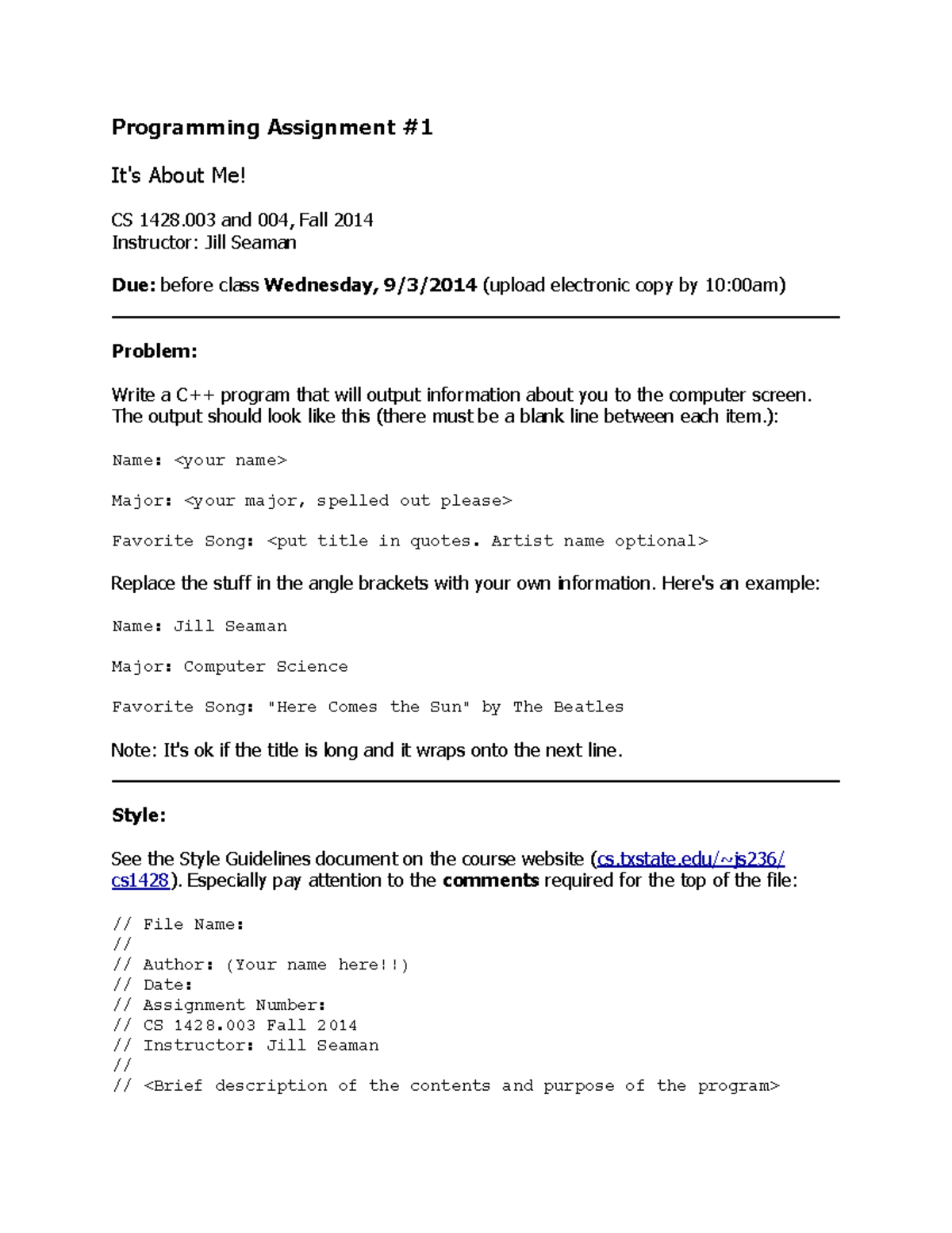 Assignment 1 Cs 1428 Programming Assignment It S About Me Cs 1428 And 004 Fall 2014
