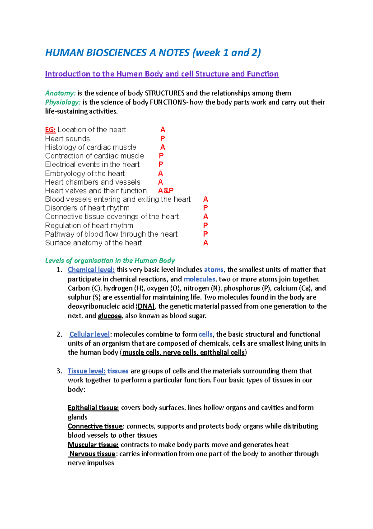 Human Biosciences A Notes - HUMAN BIOSCIENCES A NOTES (week 1 and 2 ...