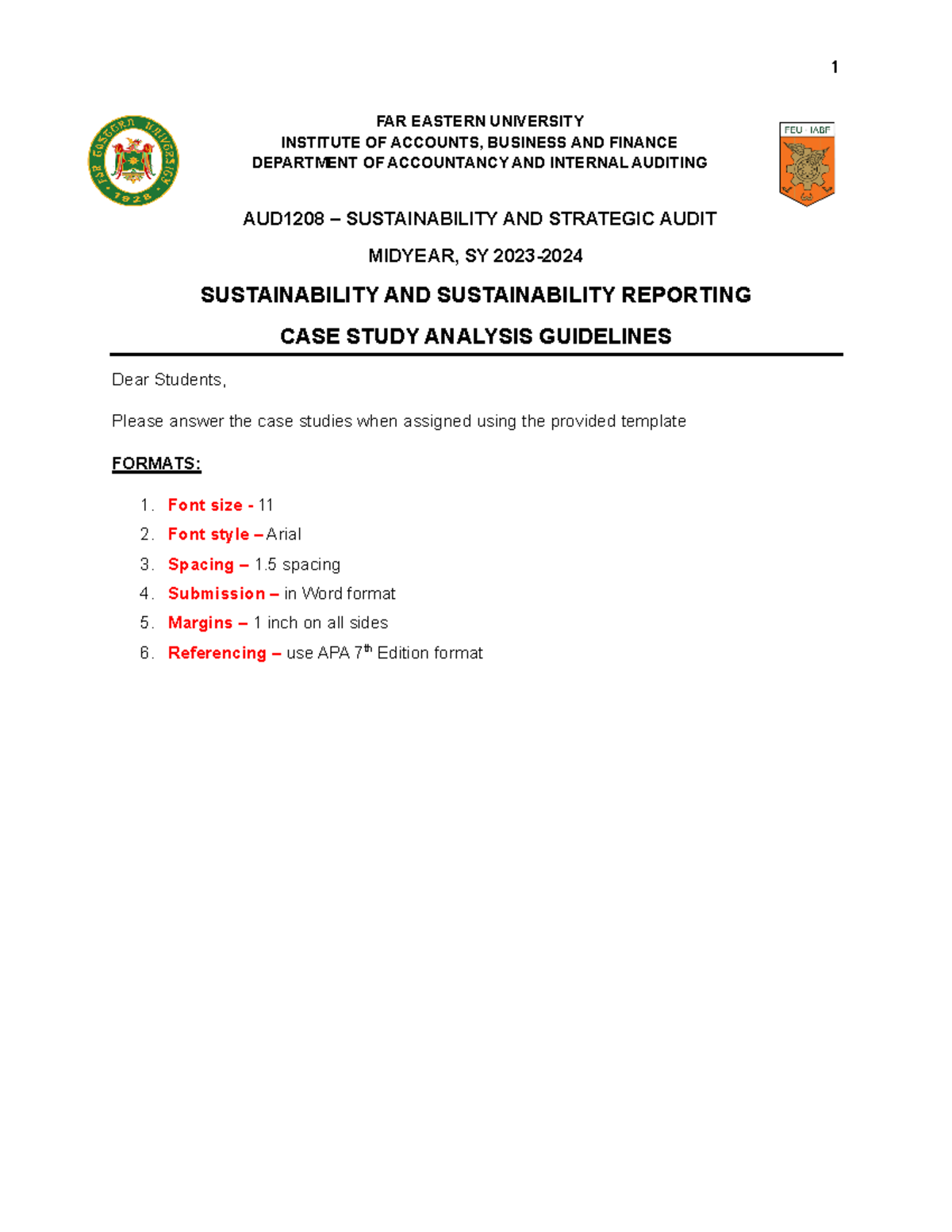 CASE Study Analysis Guidelines - 1 FAR EASTERN UNIVERSITY INSTITUTE OF ...