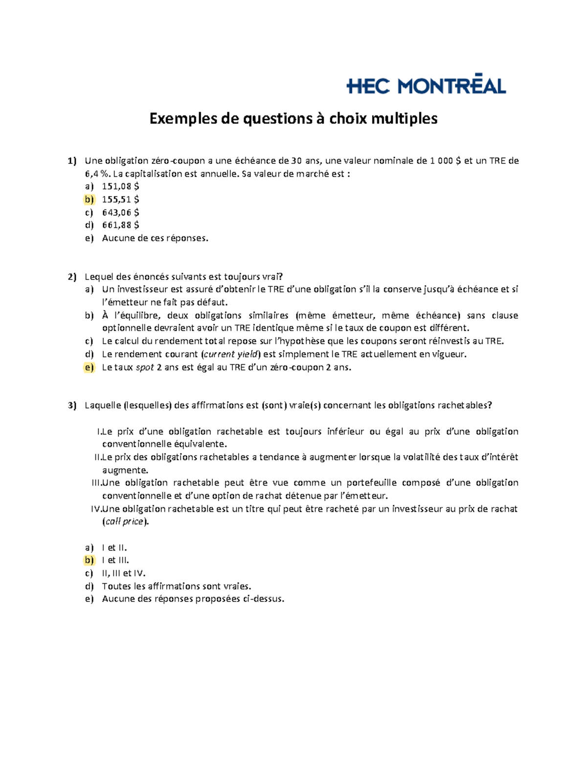 QCM placement Séances 1-6 - Exemples de questions à choix multiples 1 ...