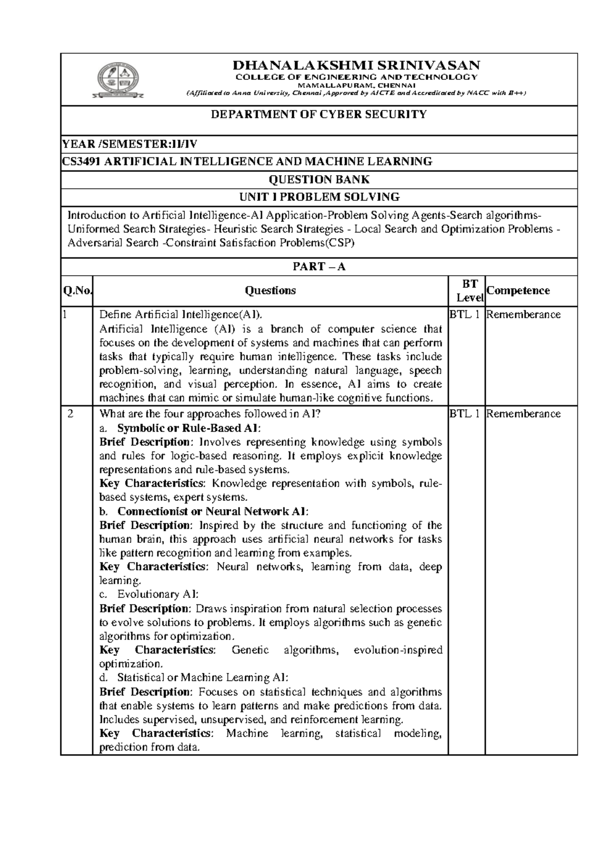 AI Mlquestion BANK(2copies) - DEPARTMENT OF CYBER SECURITY YEAR ...