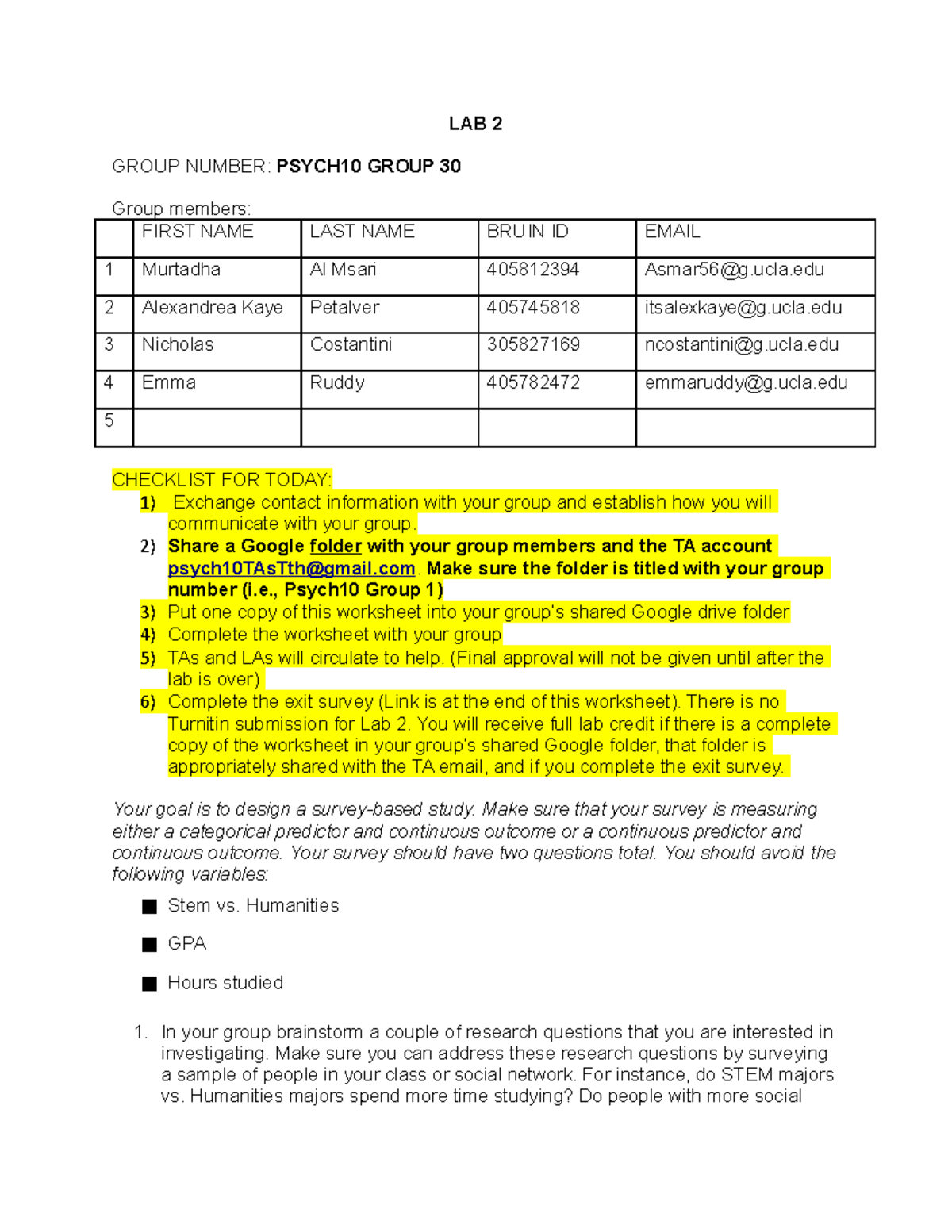 Psych 10: Introductory Psychology - Professor Clark - Lab 2 worksheet ...