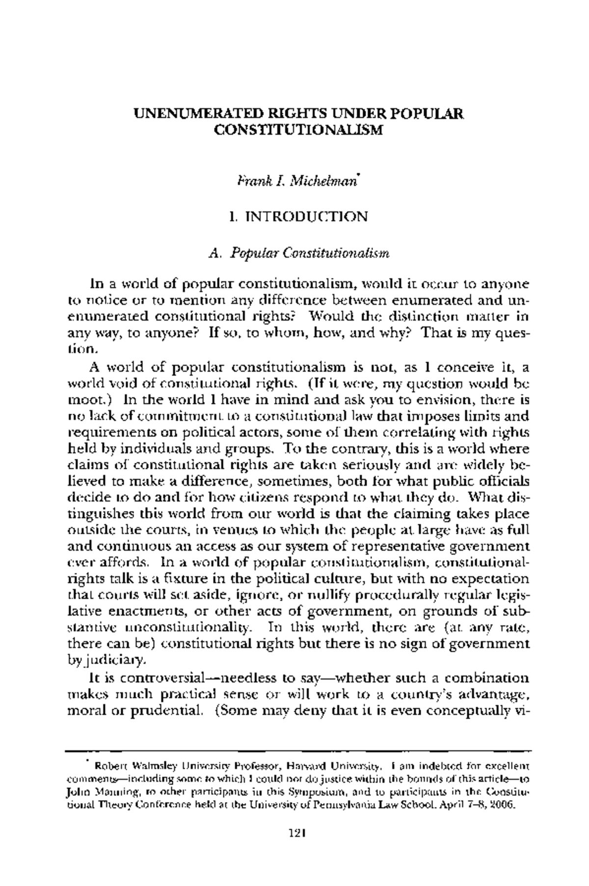 Unenumerated Rights Under Popular Constitutionalism - UNENUMERATED ...