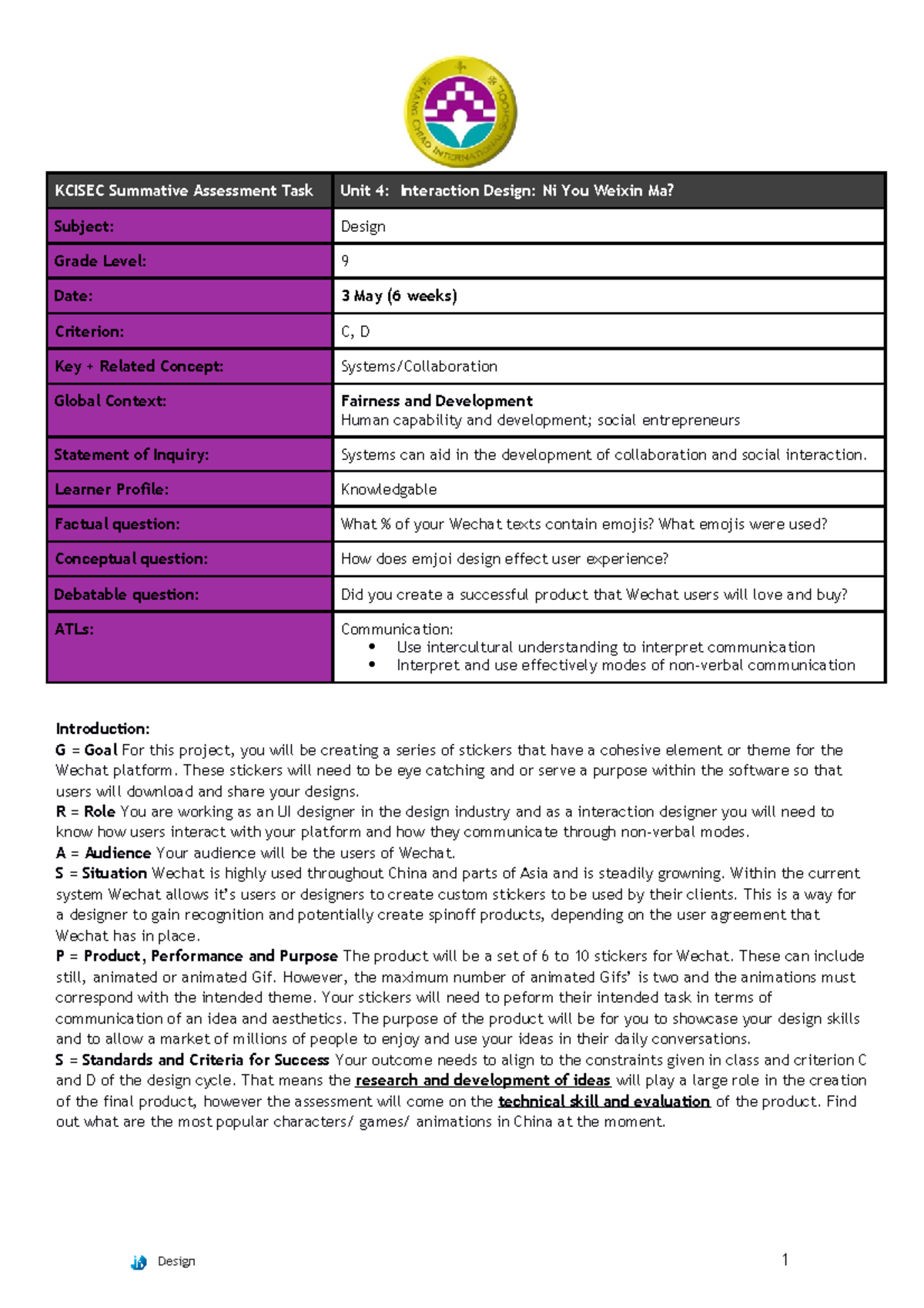 G9 U4 Wechat CD - Grasp - erwer - KCISEC Summative Assessment Task Unit ...