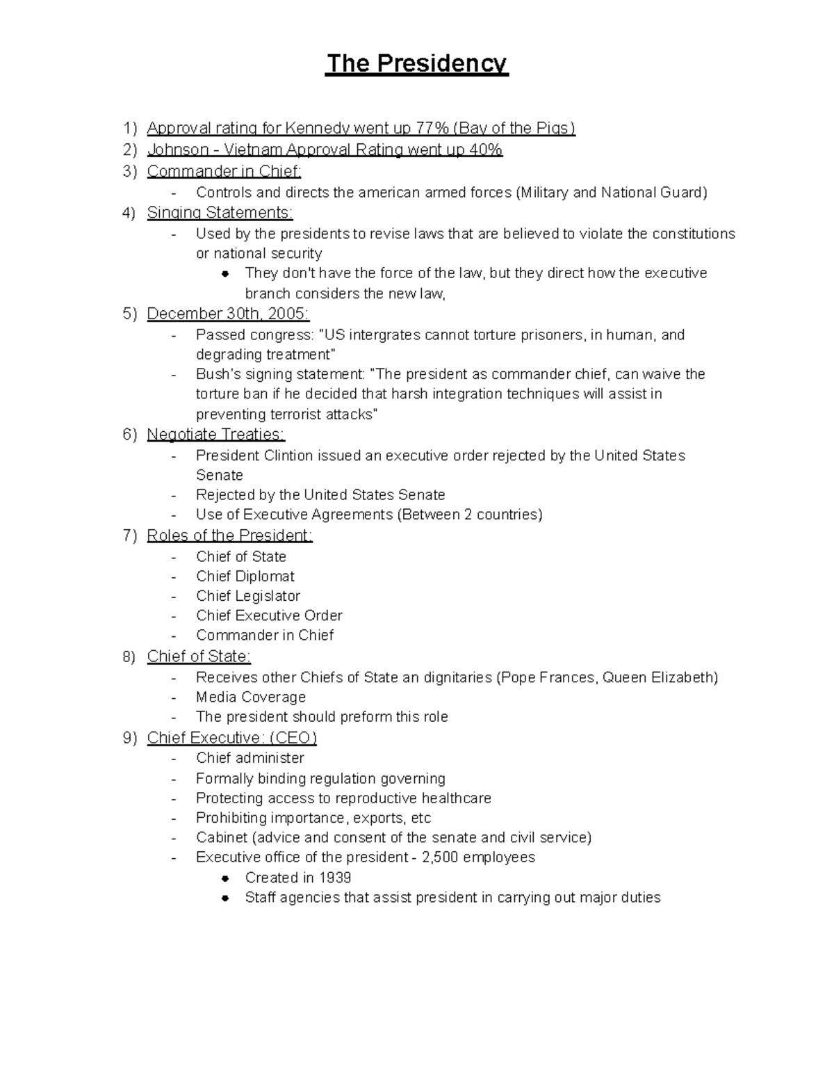 The Presidency Notes - The Presidency 1) Approval rating for Kennedy ...