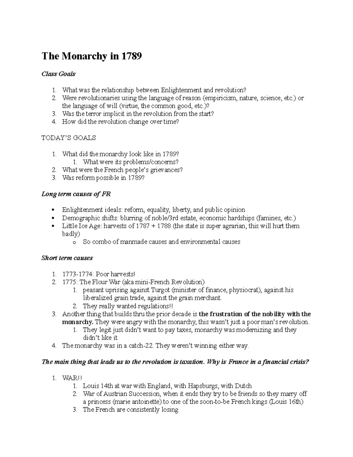 11. HST 313 - Professor Junko Takeda - The Monarchy in 1789 Class Goals What was the ...