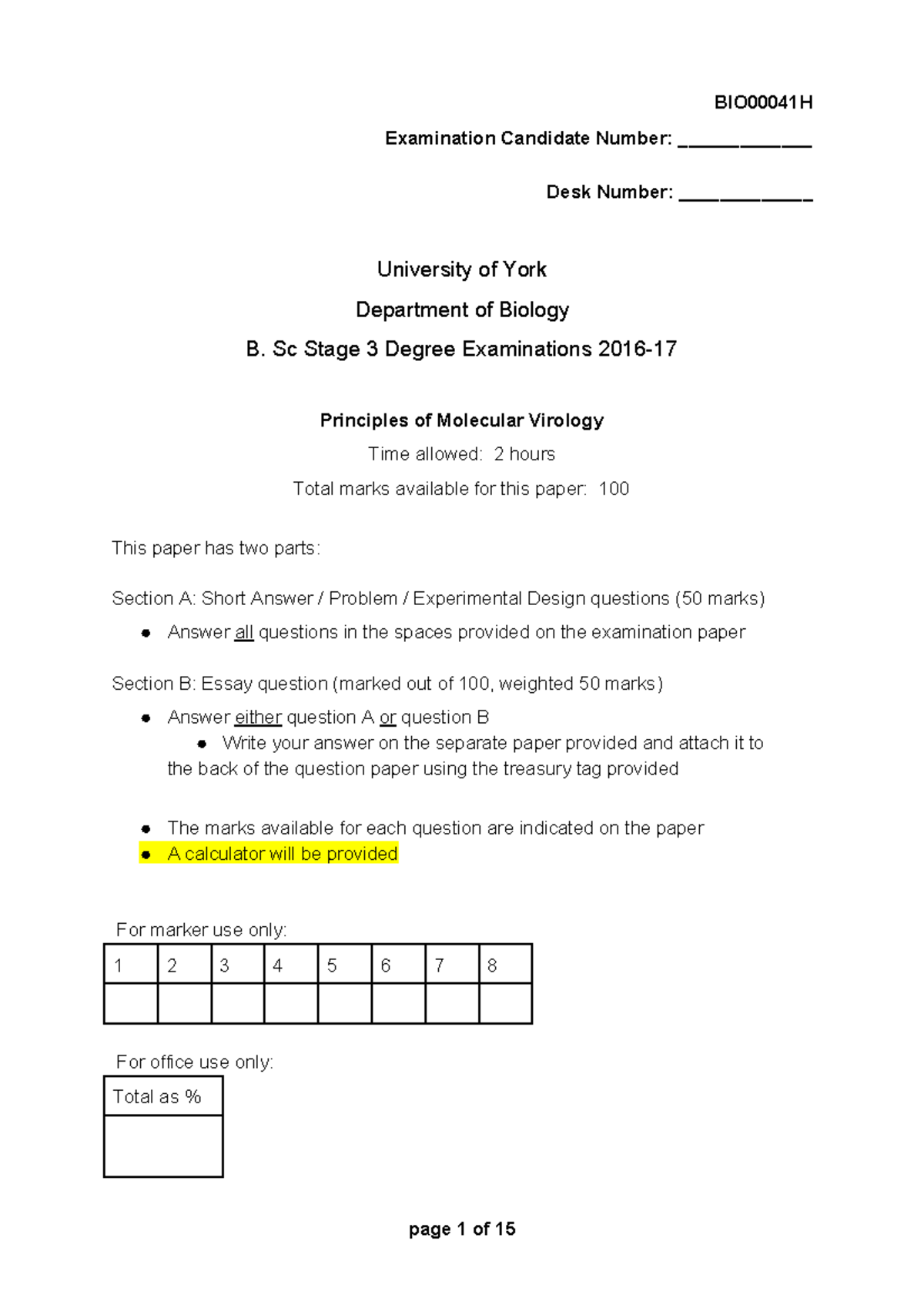 Exam January 2017 Questions And Answers BIO00041H Examination