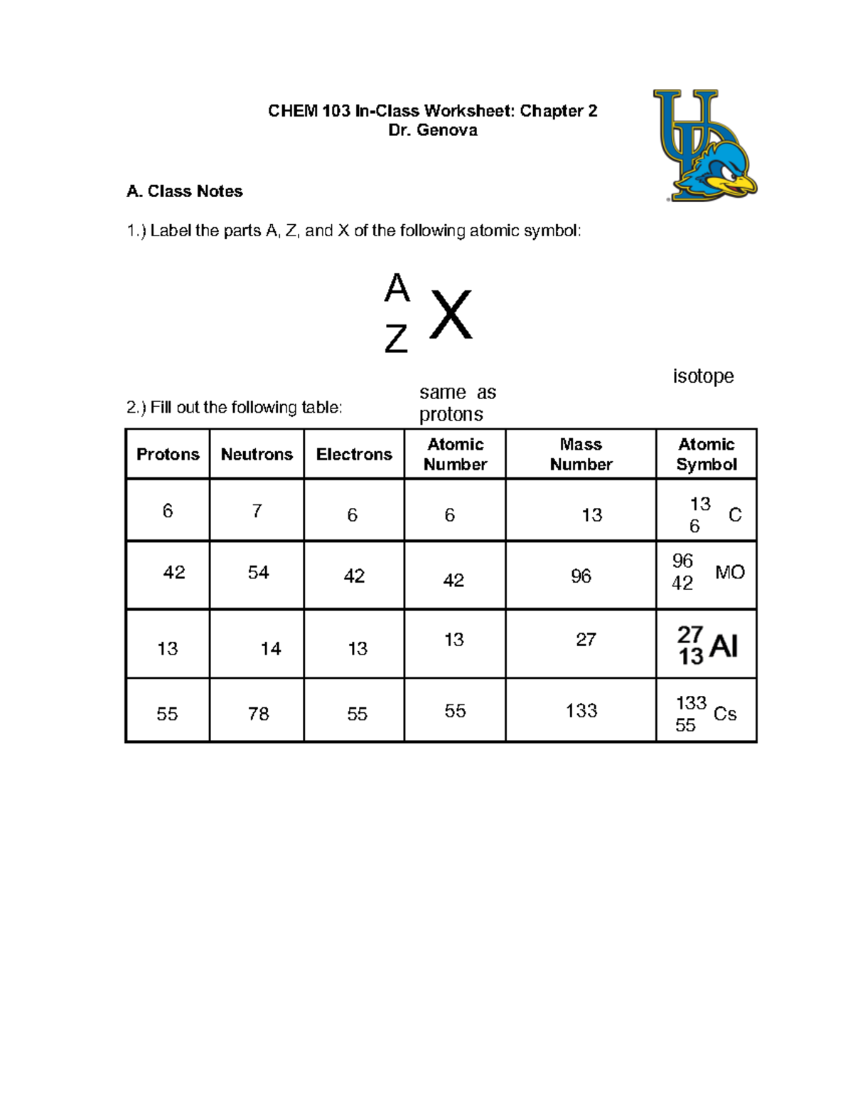 CHEM 103 In-Class Worksheet Chapter 2-2 - Genova A. Class Notes 1 ...