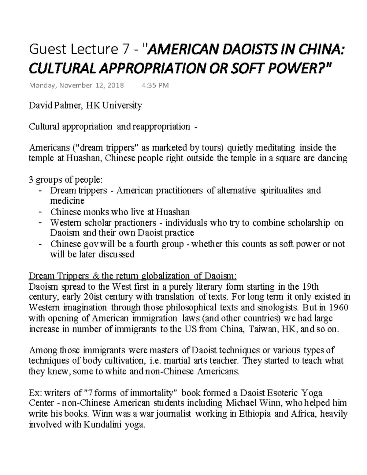 Guest Lecture 7 - American Daoists IN China Cultural Appropriation OR ...