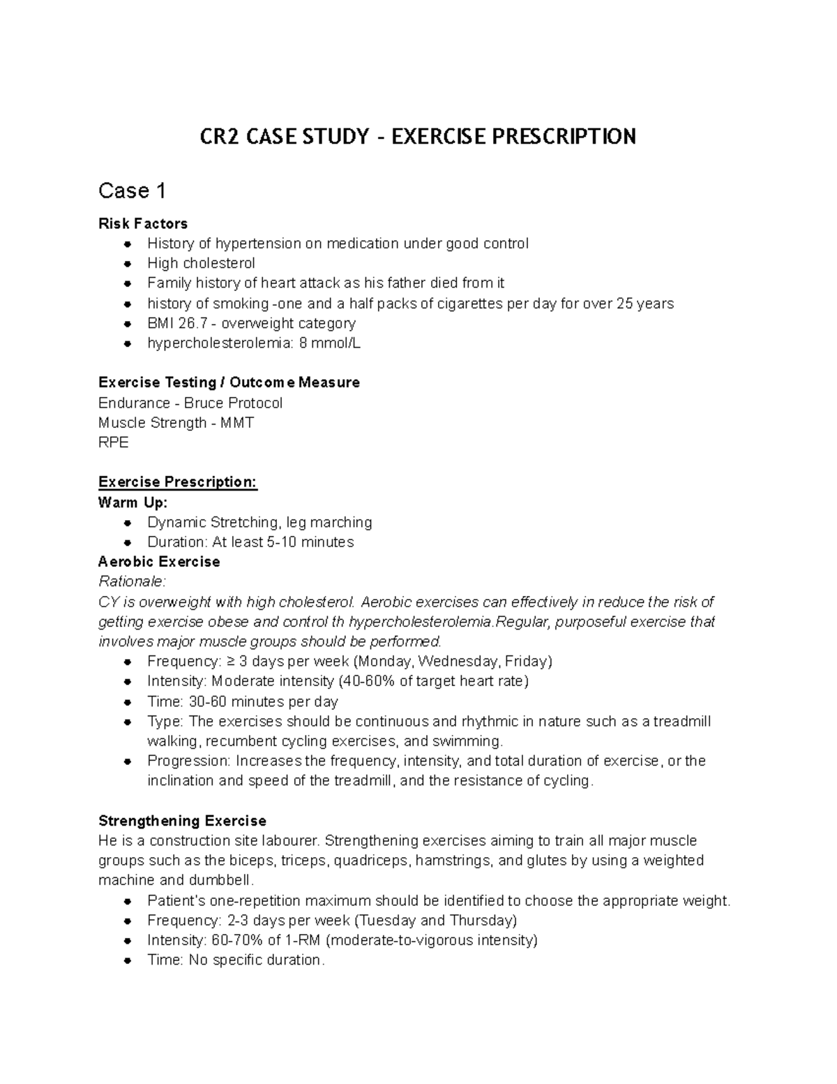 Exercise Prescription - Case study - CR2 CASE STUDY - EXERCISE ...
