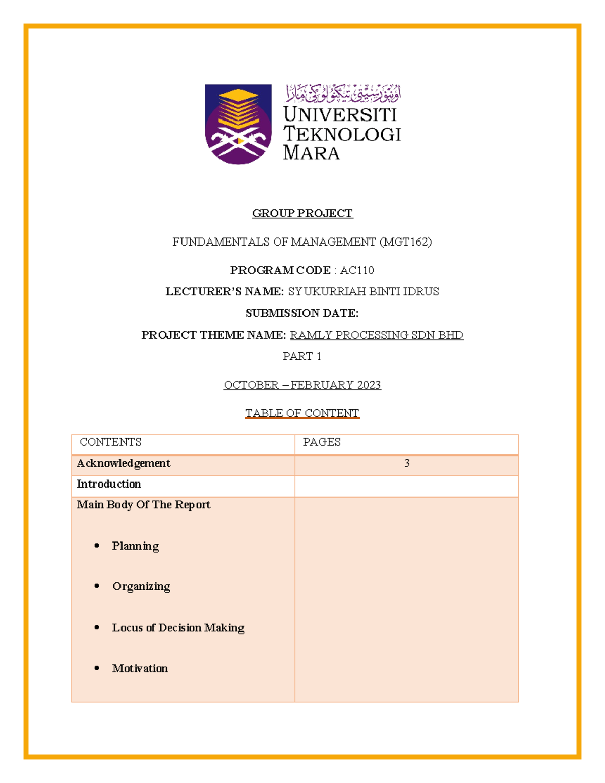 Group Project MGT162 - GROUP PROJECT FUNDAMENTALS OF MANAGEMENT (MGT162 ...