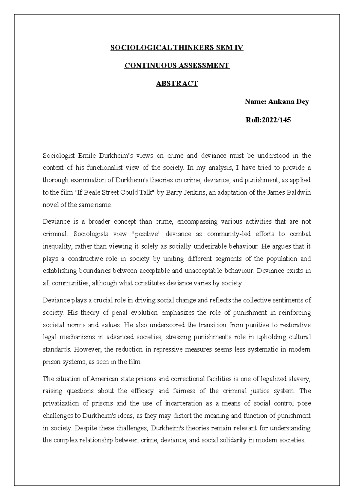 Abstract of a movie review - SOCIOLOGICAL THINKERS SEM IV CONTINUOUS ...