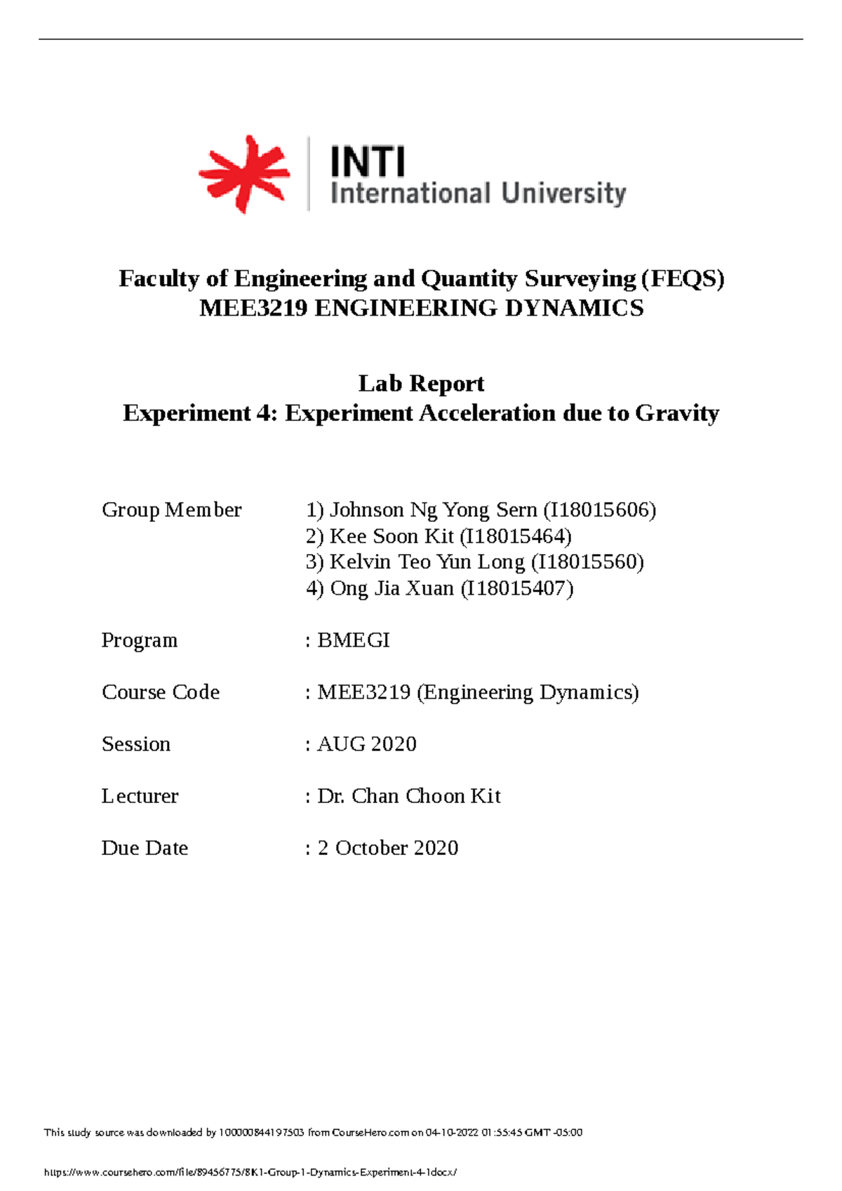 8K1 Group 1 Dynamics Experiment 4 1 - Faculty of Engineering and ...