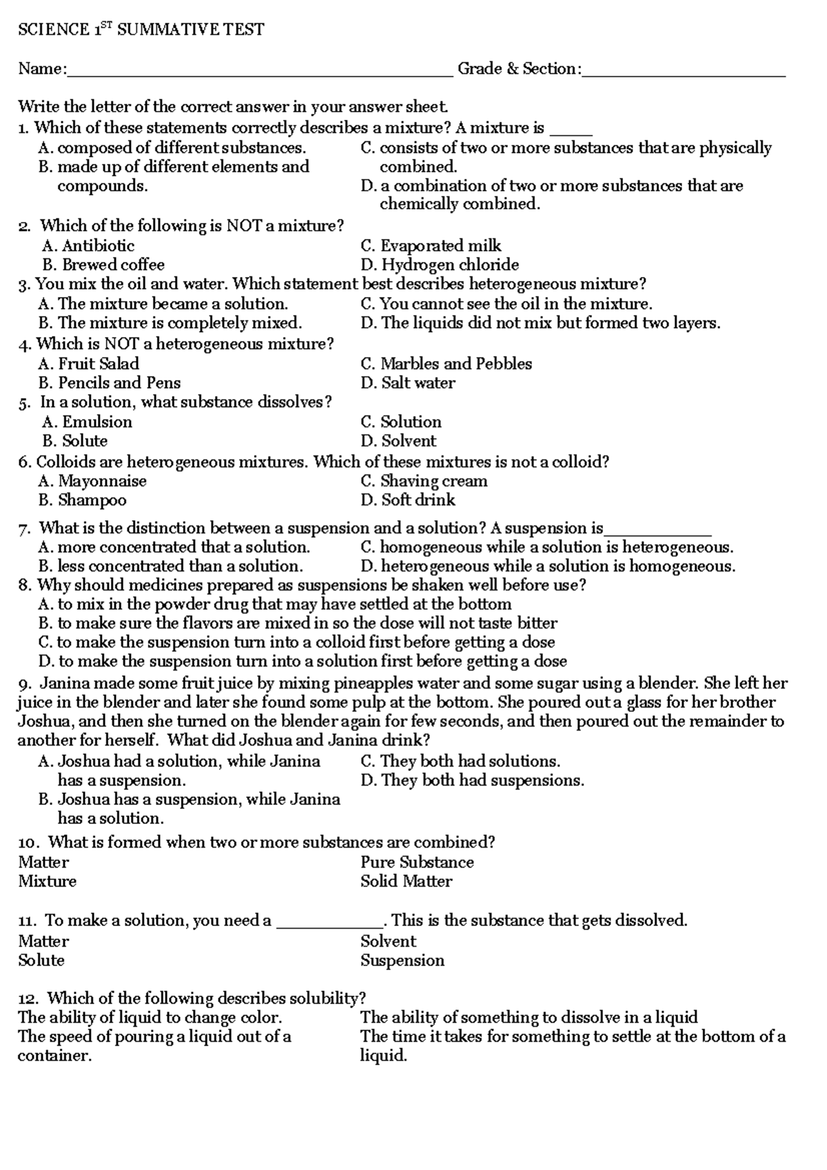 Science 1st summative test no - SCIENCE 1ST SUMMATIVE TEST Name