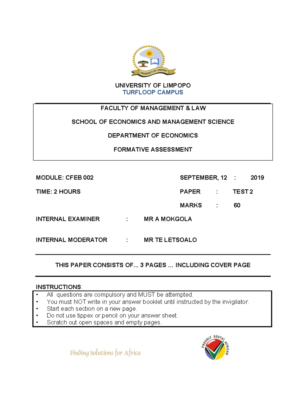 CFEB002 TEST 2 2019 MEMO - UNIVERSITY OF LIMPOPO TURFLOOP CAMPUS ...