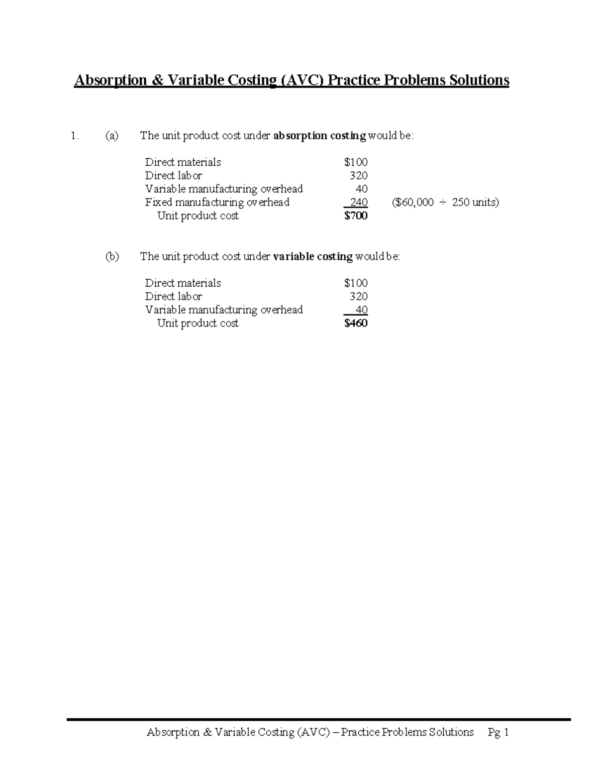 Variable Absorption Costing Practice Solutions - Absorption & Variable Costing (AVC) Practice ...