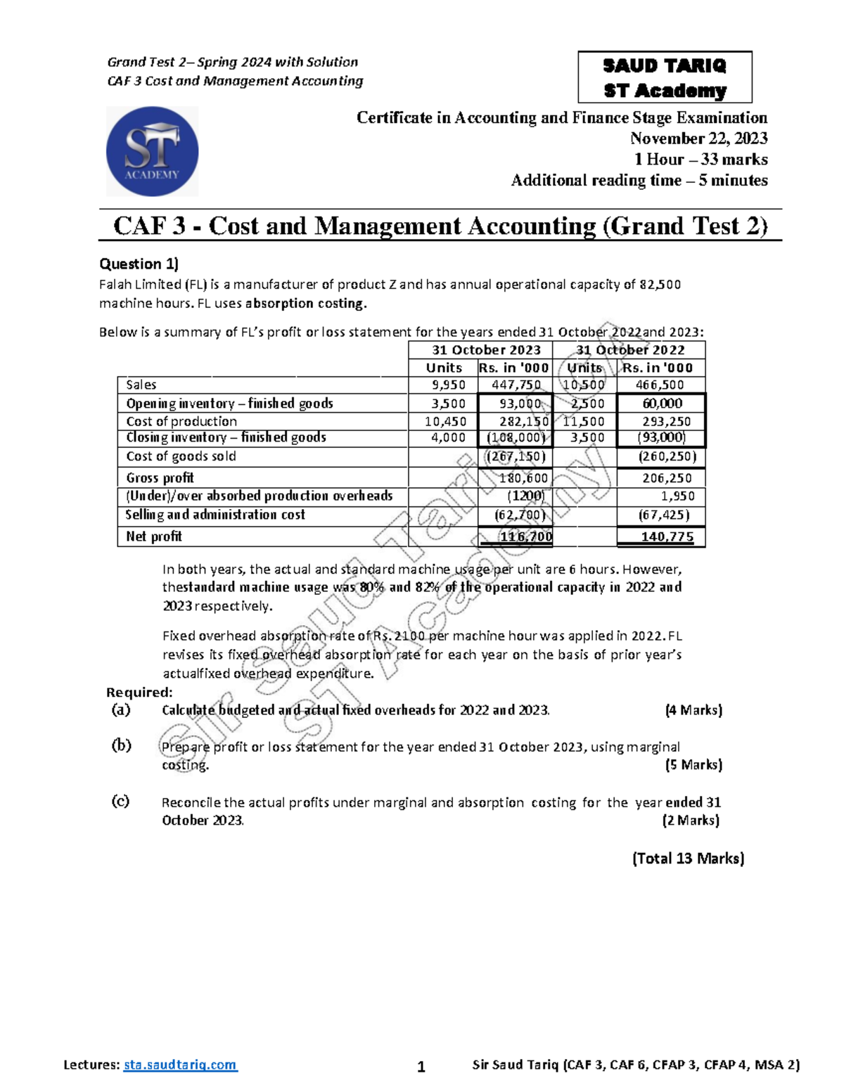 CAF 3 CMA Grand Test 2 with Solution Spring 24 ST Academy - ST Academy ...
