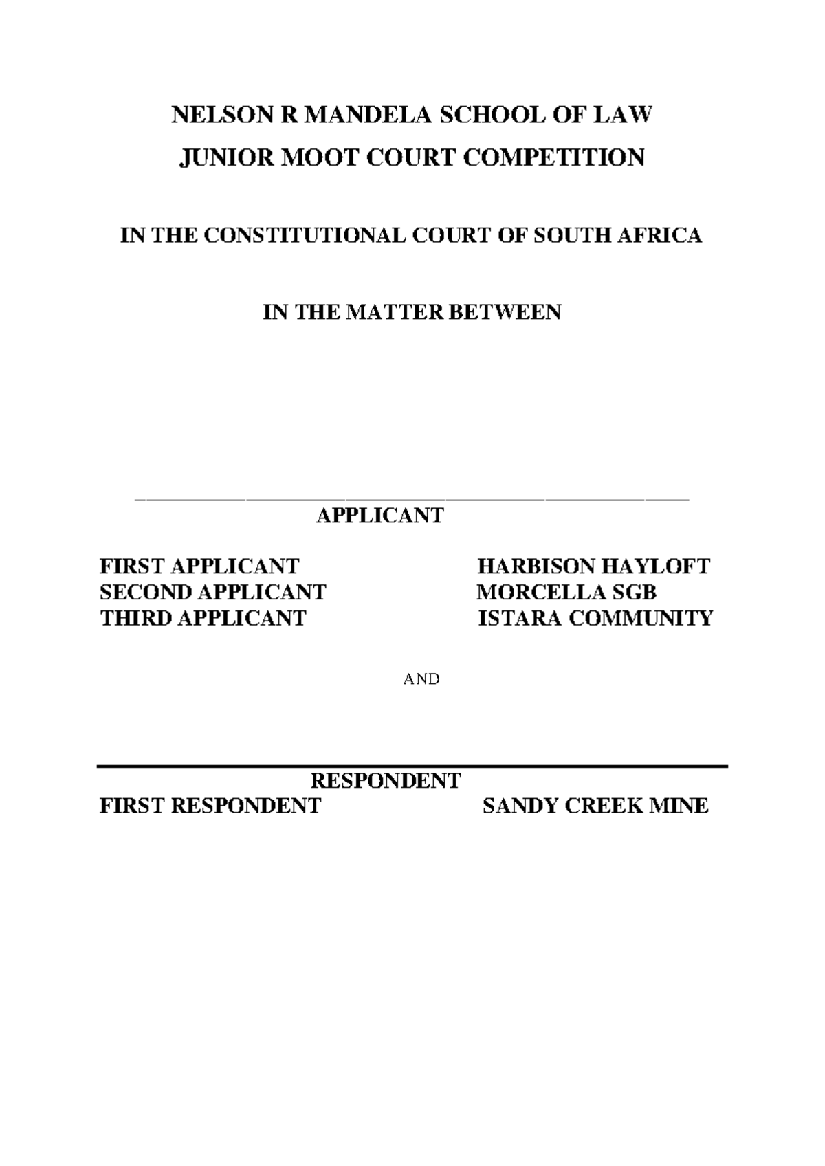 Moot Memorial Draft - NELSON R MANDELA SCHOOL OF LAW JUNIOR MOOT COURT ...