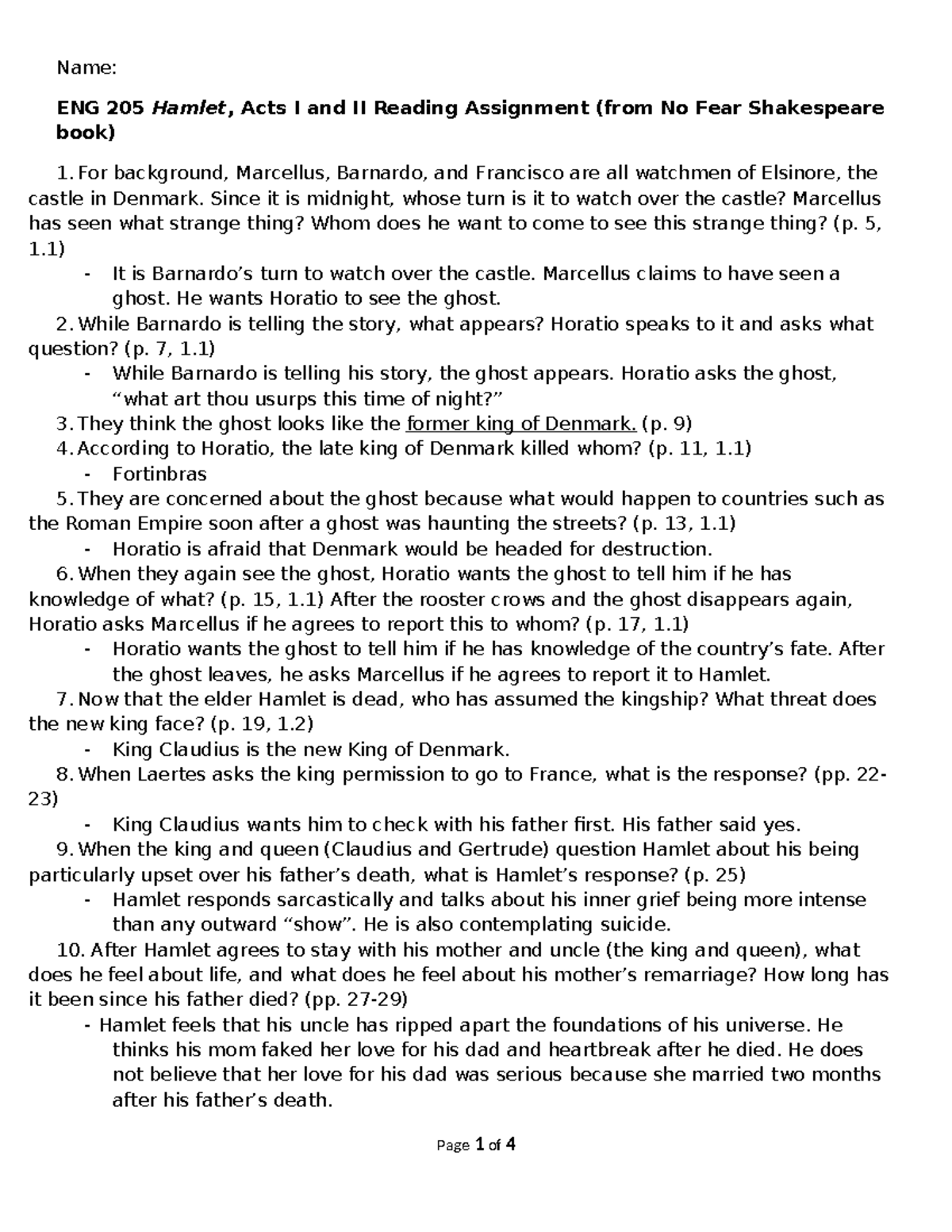 Hamlet Reading Assignment Acts 1-2 - Name: ENG 205 Hamlet, Acts I and ...