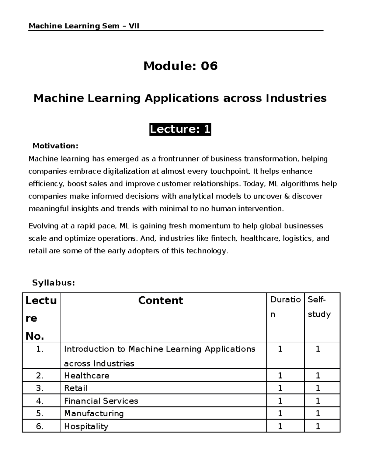 Module 6 - notes - Module: 06 Machine Learning Applications across ...
