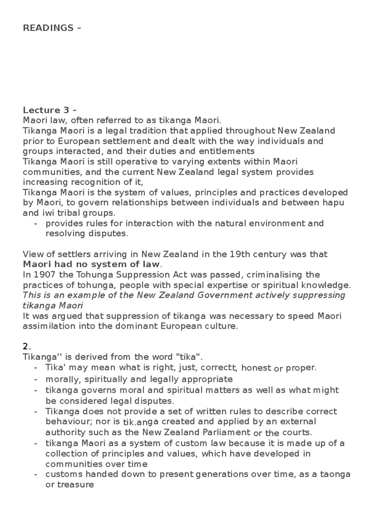 Reading notes - LAW121 - READINGS – Lecture 3 – Maori law, often ...