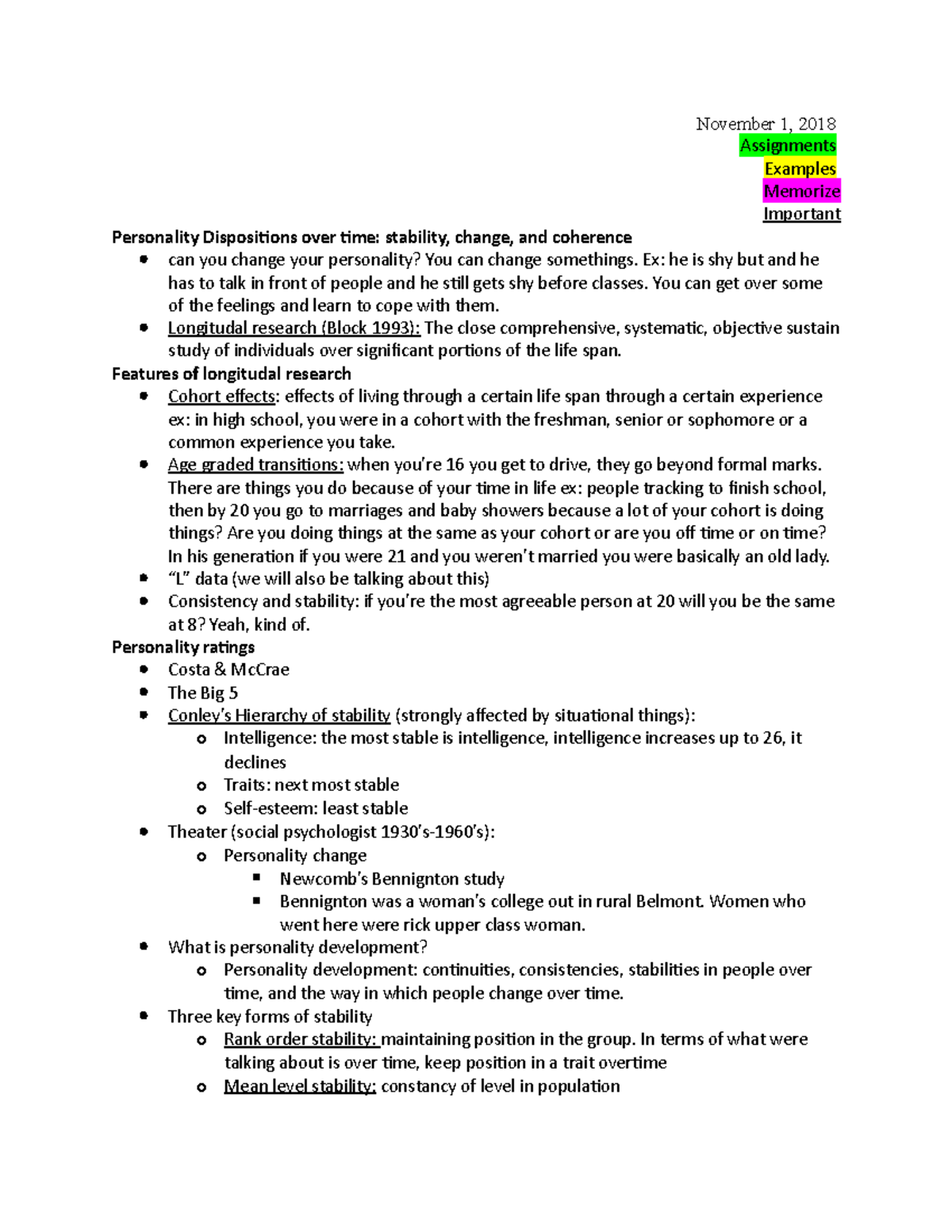 Psych 154- 15 lecture- Lecture notes 15 - November 1, 2018 Assignments ...