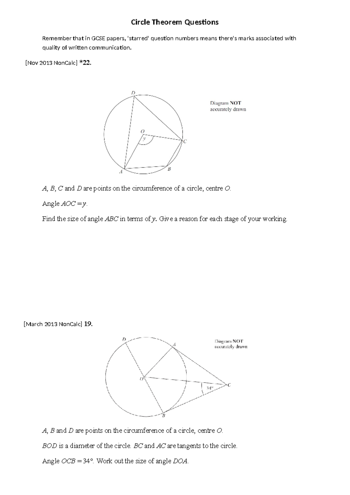 GCSE-Circle Theorem Exam Questions - Circle Theorem Questions Remember ...