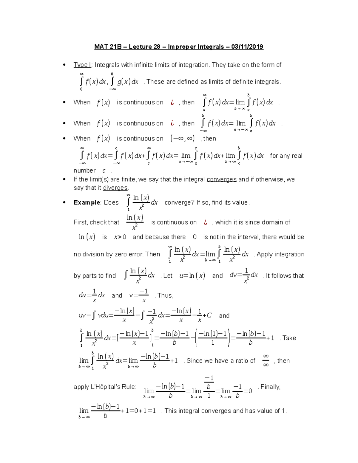 MAT 21B – Lecture 28 – Improper Integrals - MAT 21B – Lecture 28 – Improper Integrals – 03/11/2 ...
