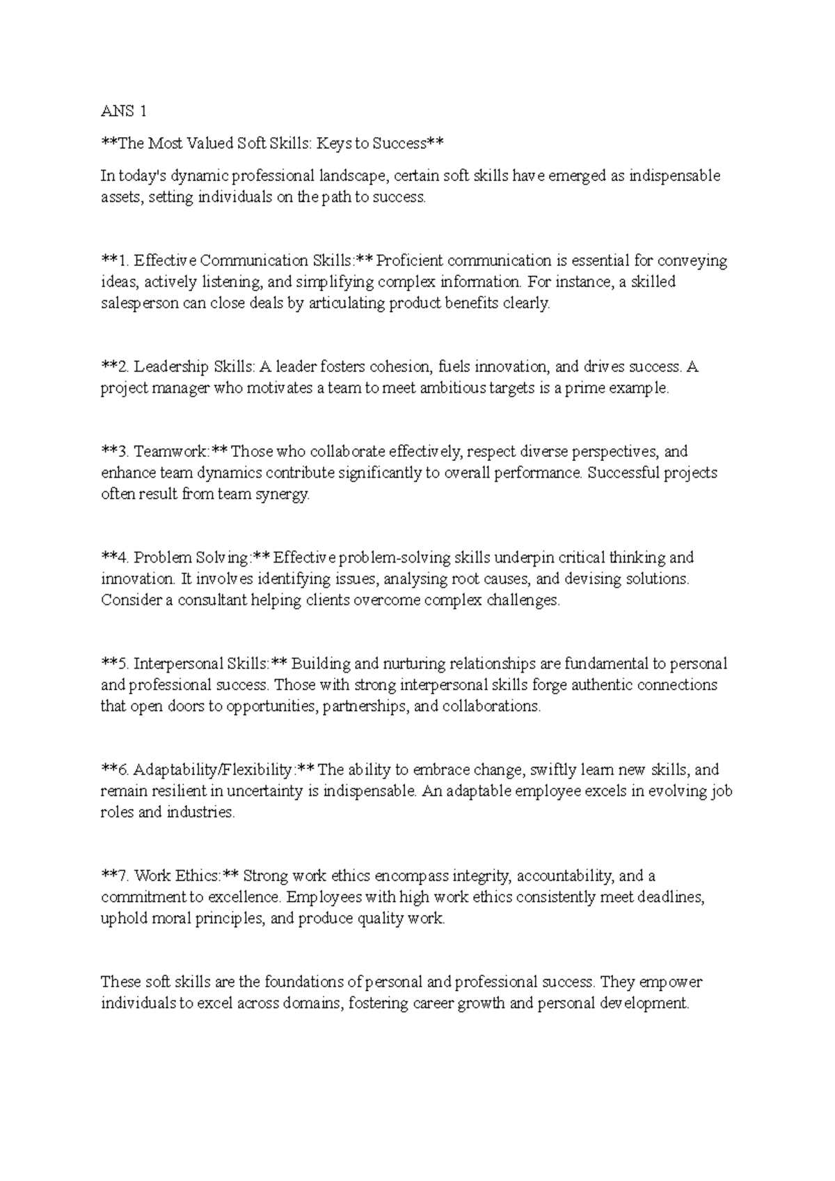 BEGE145 Soft Skills - ANS 1 The Most Valued Soft Skills: Keys to ...