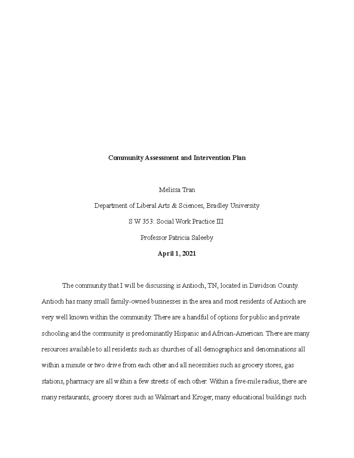 SW 353 - Community & intervention - Community Assessment and ...