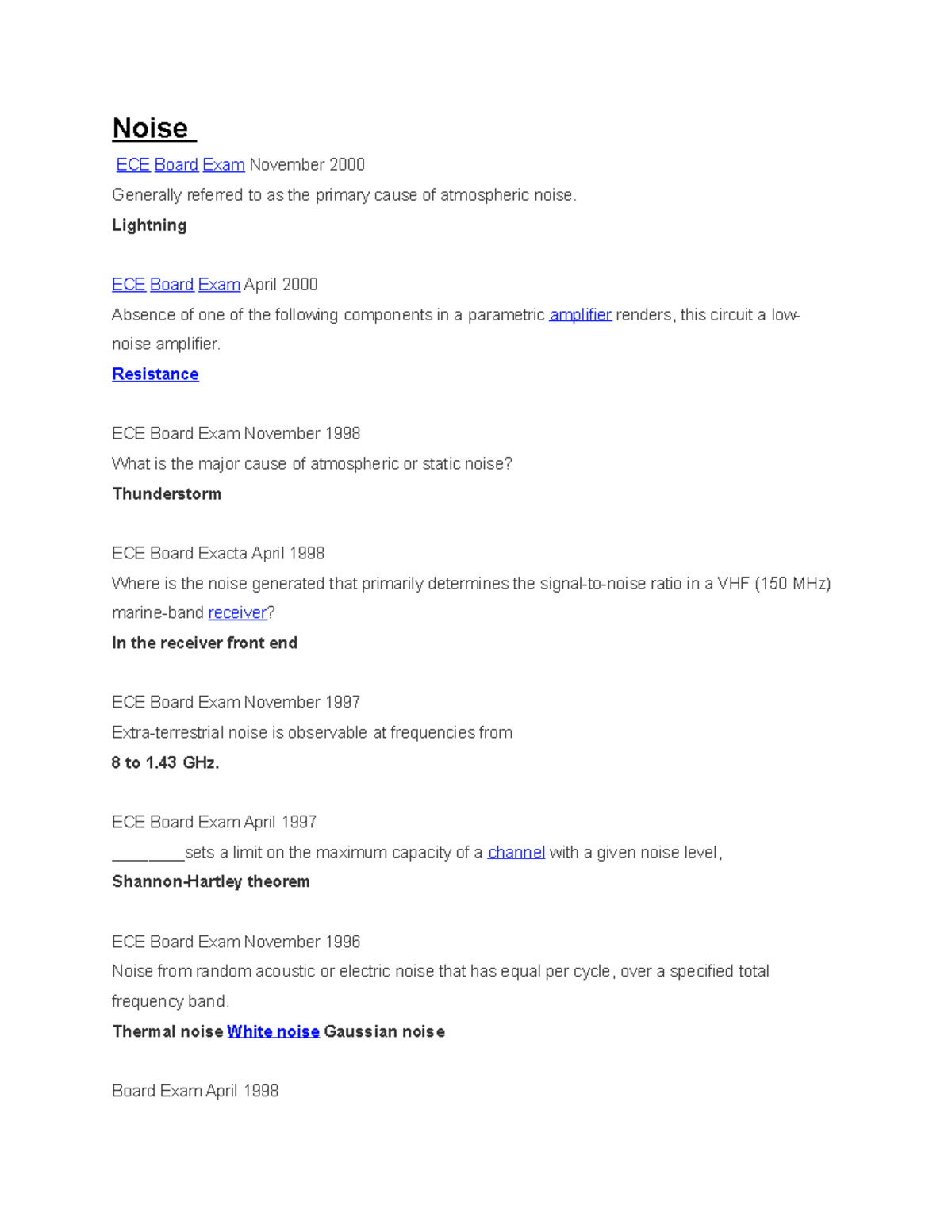 Noise - Noise ECE Board Exam November 2000 Generally referred to as the primary cause of ...