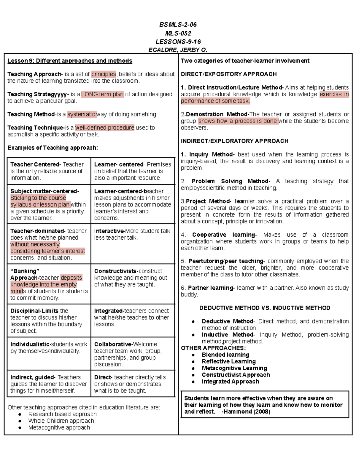 MLS-052 Lessons-9-16 - for notes - BSMLS-2- MLS- LESSONS-9- ECALDRE ...