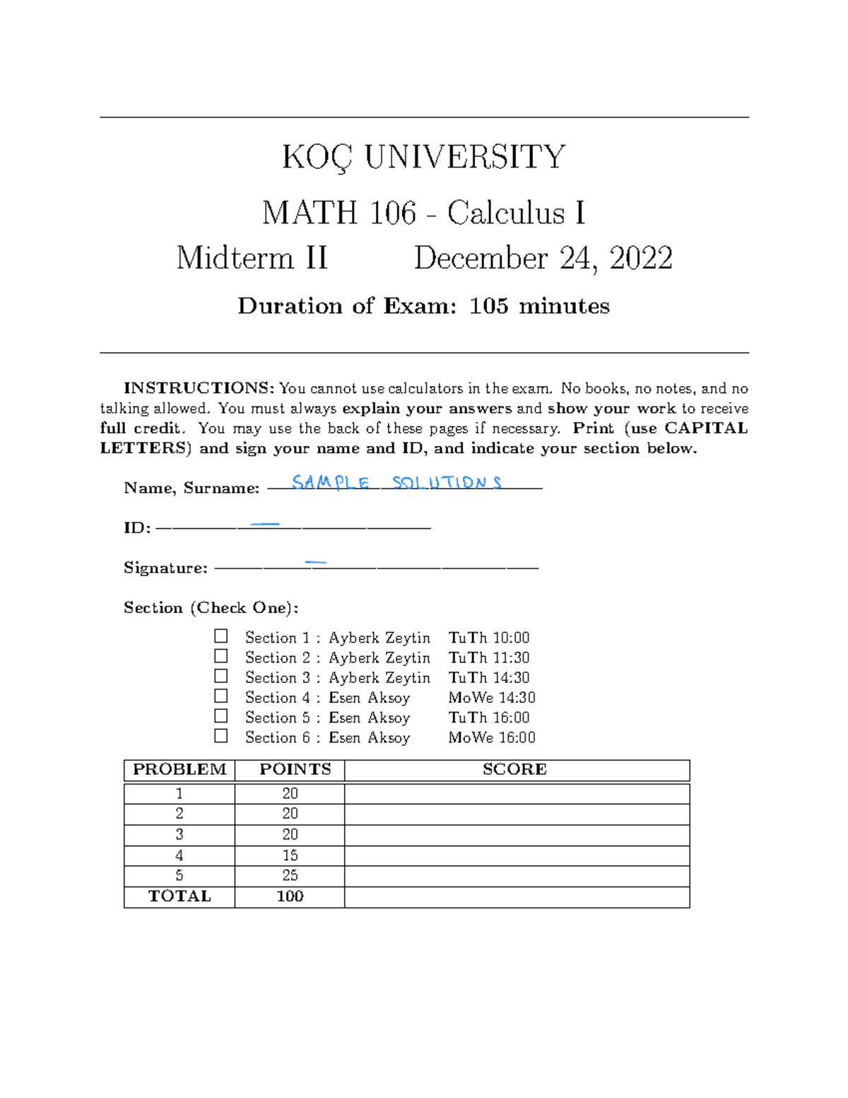 Math106mt2sample - KOC ̧ UNIVERSITY MATH 106 - Calculus I Midterm II ...