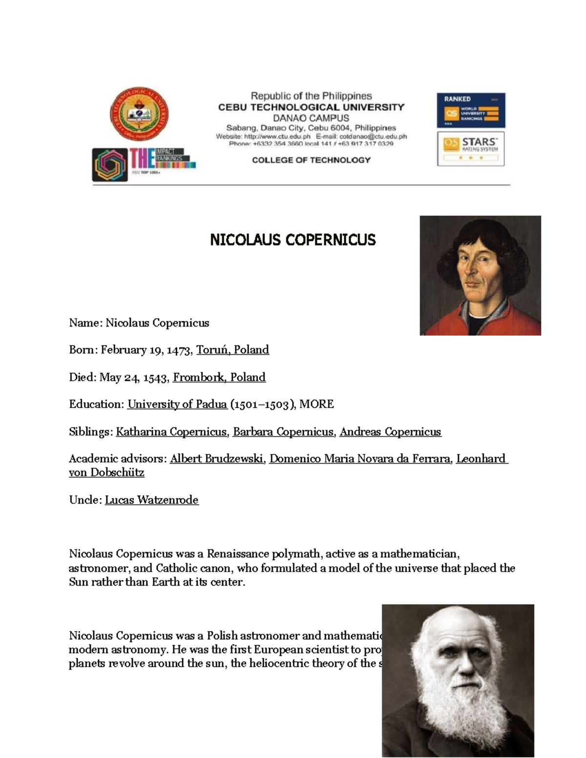 Biographies (KEEN Barcoma) - NICOLAUS COPERNICUS Name: Nicolaus ...