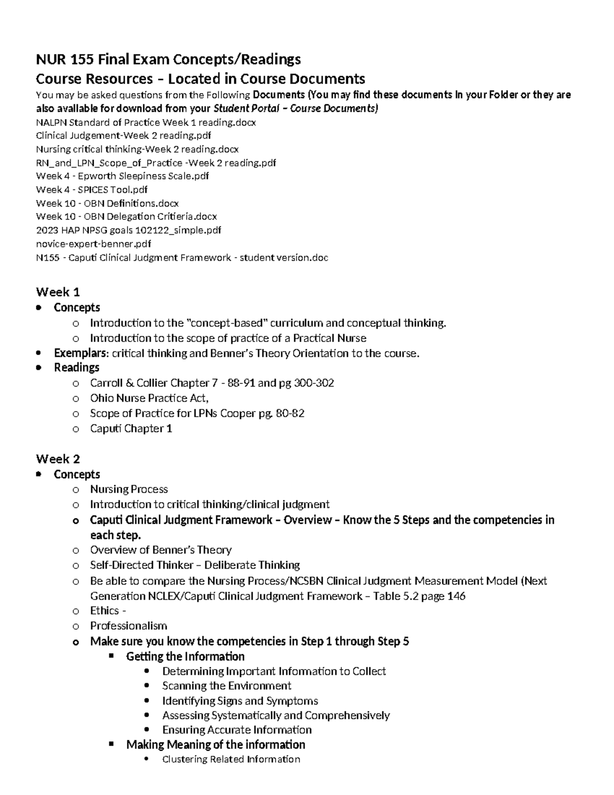 NUR 155 Final Exam- Concepts and Readings 4-8-24 FV2 - NUR 155 Final Exam Concepts/Readings ...