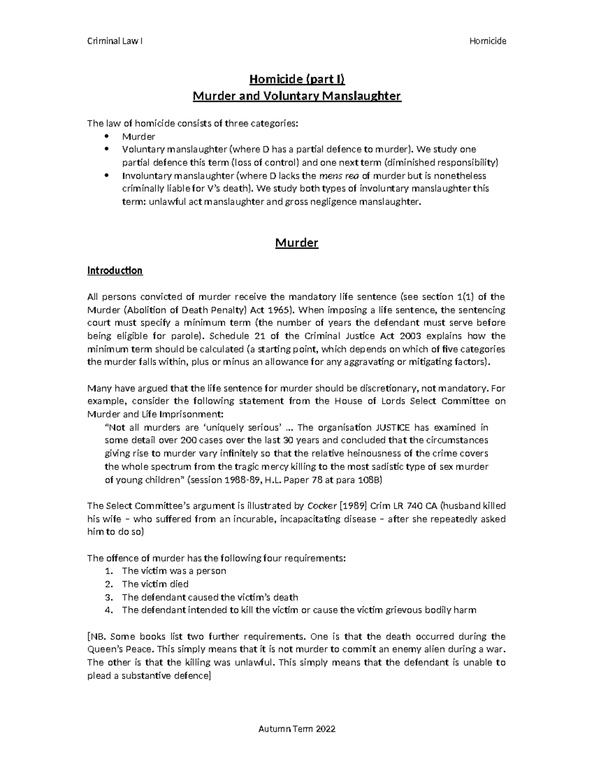 Homicide (part 1 ) - handout - Criminal Law I Homicide Homicide (part I ...