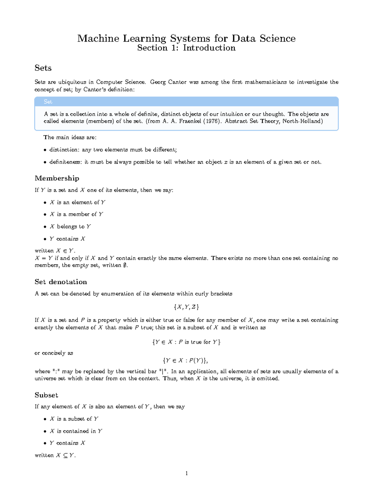 Modulo 1 - Machine Learning Systems for Data Science Section 1: Introduction Sets Sets are - Studocu